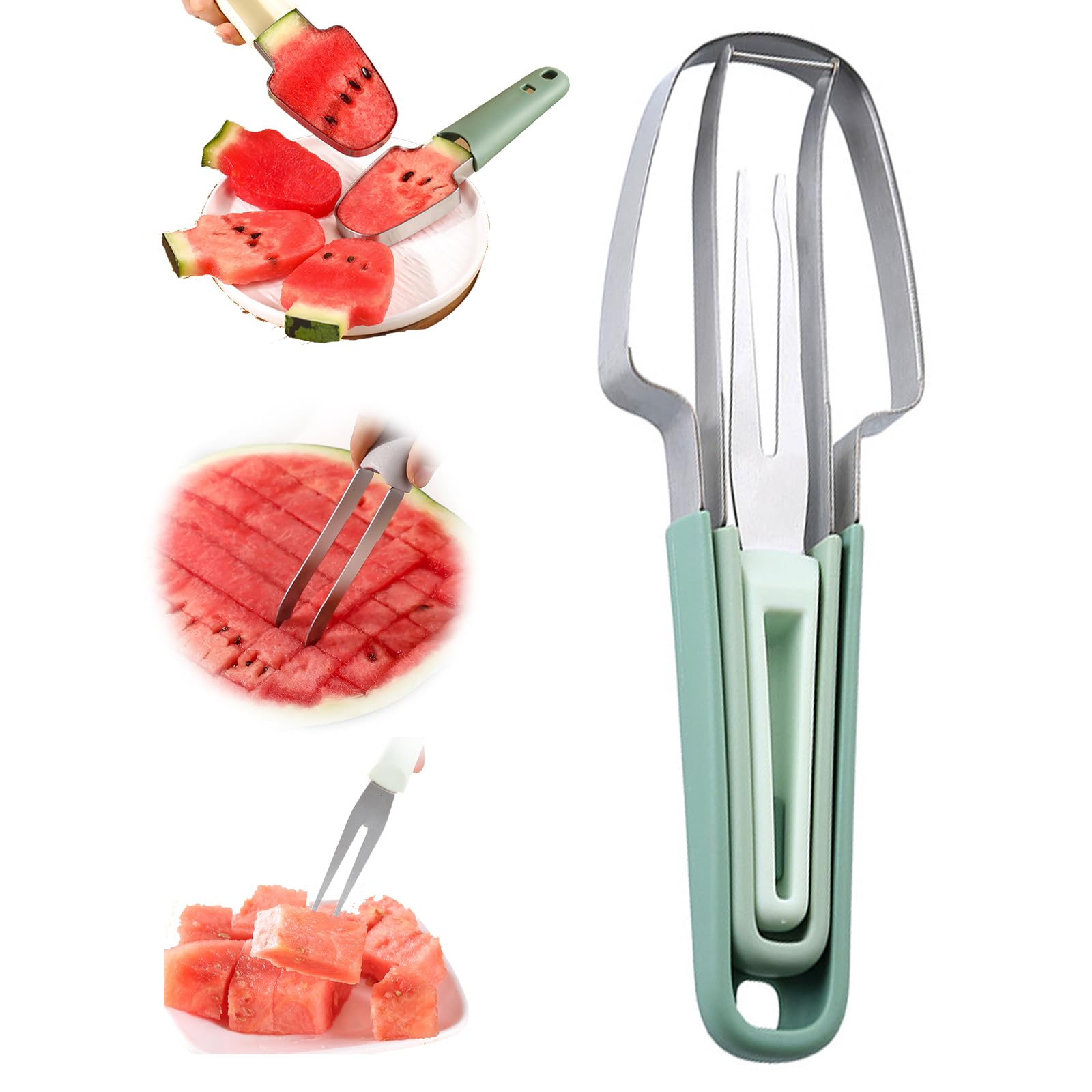 Zhaolie 3-in-1 Watermelon Fork Slicer Cutter,Stainless Steel Watermelon Popsicle Cutter Watermelon Cutter Slicer Tool Melon Cutter Knife Portability Fruit Fork Set for Camping Kitchen Gadgets, Green