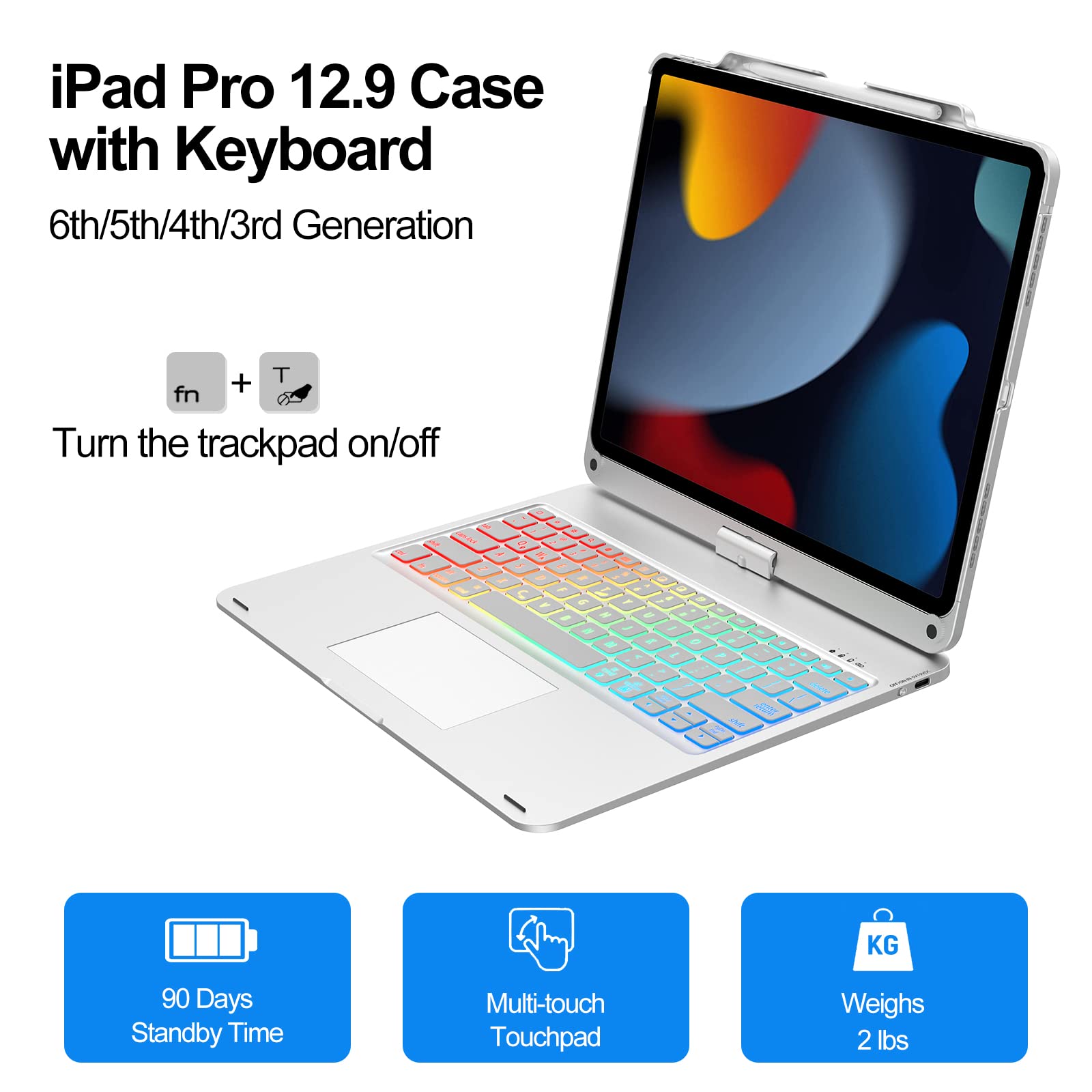 Upgraded | Touch Keyboard for iPad Pro 12.9 inch - 2017 (2nd Generation), 2015 (1st Gen) - iPad Pro 2nd Gen Case with Keyboard, Aluminum Alloy Hard Shell, 7 Colors Backlit, Auto Wake/Sleep, Silver