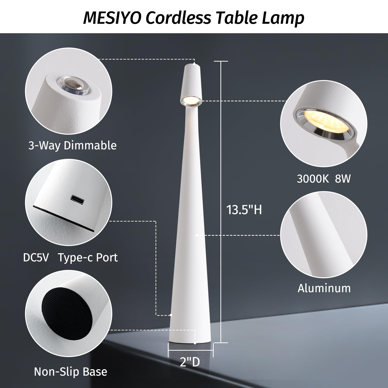 MESIYO Battery Cordless Table Lamp Cordless Led Portable Desk Touch Dimmable Night Light Ip54 Aluminum Indoor/Outdoor Lighting Control Light for Bedroom, Desk, Office