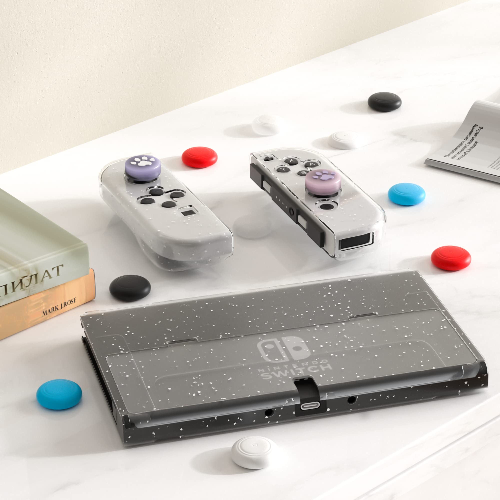 RHOTALL Glitter Protective Case Kit Compatible with Nintendo Switch OLED, Dockable Hard Shell for Switch OLED Console, Soft Cover for Joycon Controller, Case Set with Screen Protector, 12 Thumb Caps