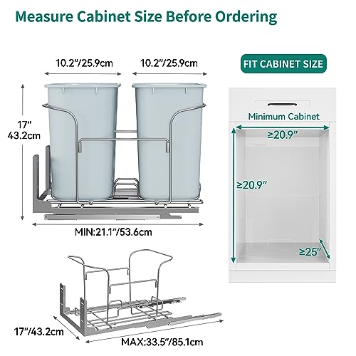 YITAHOME Double 27 Quart Pull-Out Trash Can with Soft-Close Slides, Sliding Under Mount Kitchen Waste Garbage Container for 20.9" W x 25" D x 20.9" H Minimum Cabinets, Gray