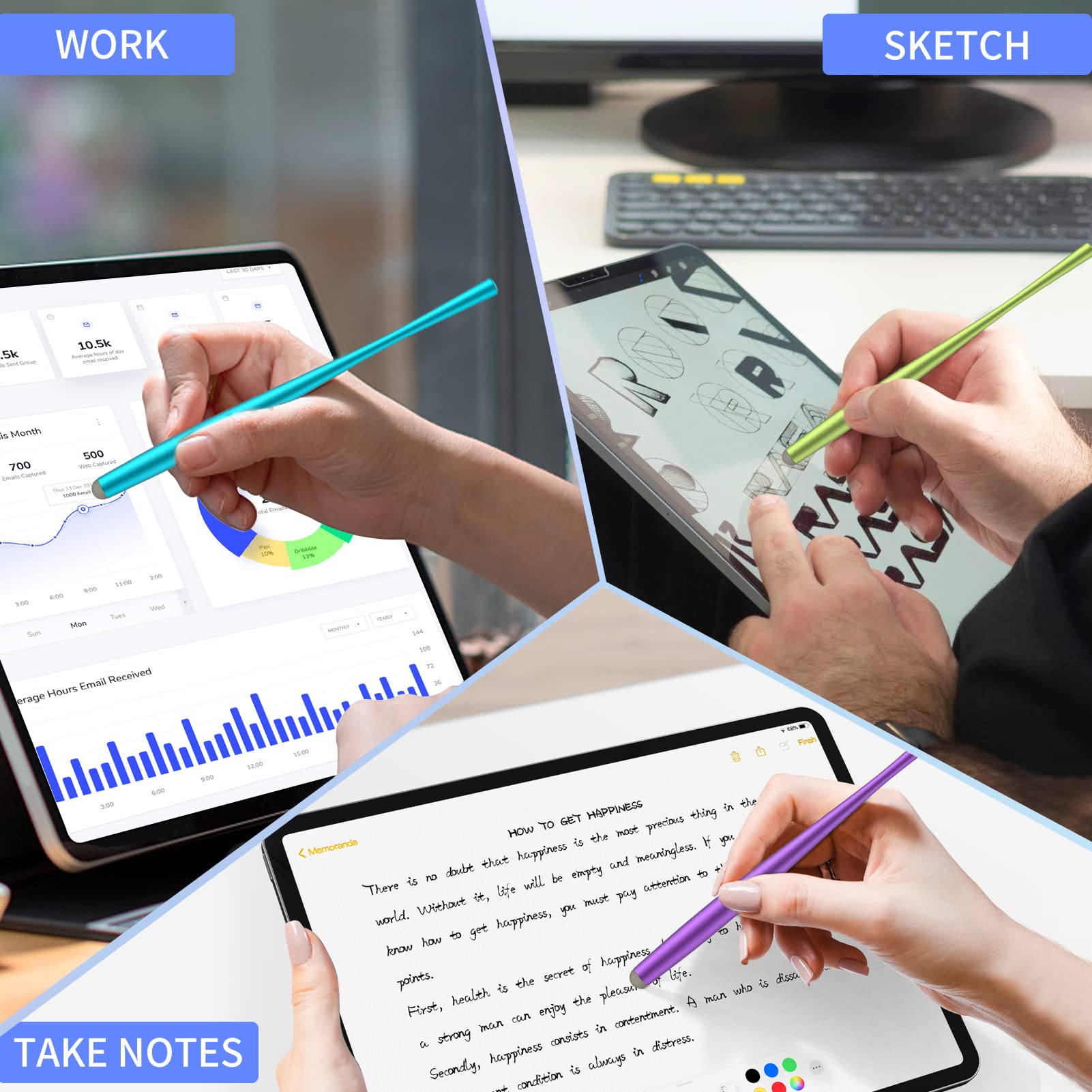 Stylus Pens for Touch Screens(2 Pcs), Capacitive 2 in 1 High Sensitivity & Precision Stylus Pen for iPad, Universal Tip Stylus Compatible with iPhone (Black/Silver/Purple/Rose Red/Blue/Green)