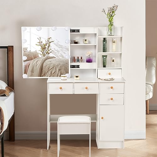 Large Vanity Desk Set with Sliding Mirror and 10 LED Bulbs, 3 Lighting Modes Makeup Table with 5 Drawers, 6 Shelves and Cabinets, White Dressing Table for Bedroom
