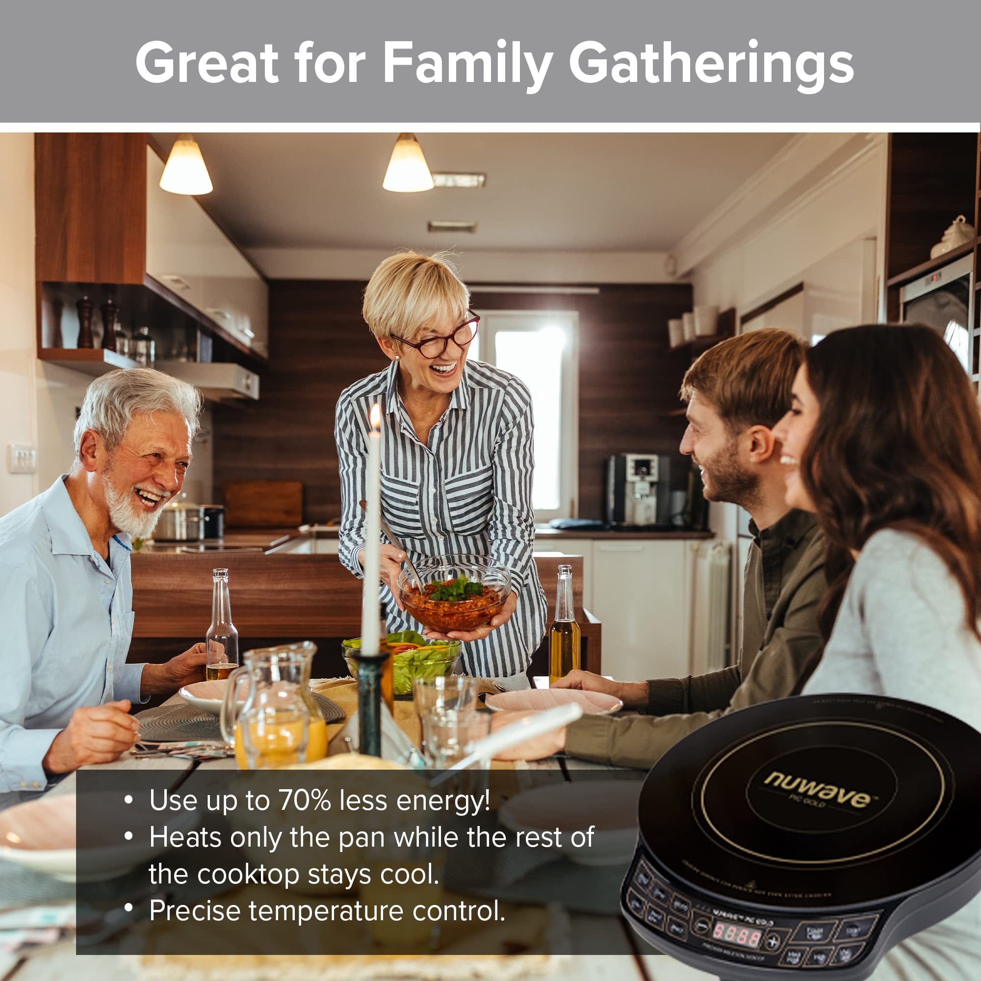 Nuwave Precision Induction Cooktop Gold, 12” Shatter-Proof Ceramic Glass Surface, Large 8” Heating Coil, Portable, 51Temp Settings 100°F to 575°F, 3 Wattage Settings 600, 900, and 1500 Watts