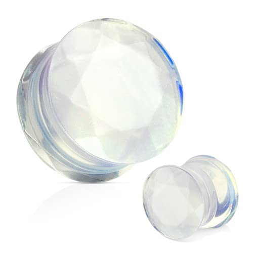 Pair 0G (8MM) FACETED OPALITE STONE PLUGS Double Flare Gauges Organic Moonstone White Clear Tunnels (2pcs)