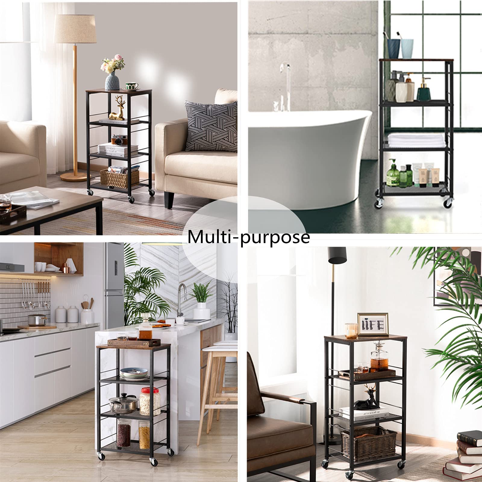 Kitchen Baker's Rack 4 Tier Utility Industrial Kitchen Serving Cart on Wheels Mobile Unit Shelves, Microwave Oven Printer Stand with Storage Cart Trolley Coffee Station for Home Bar Office