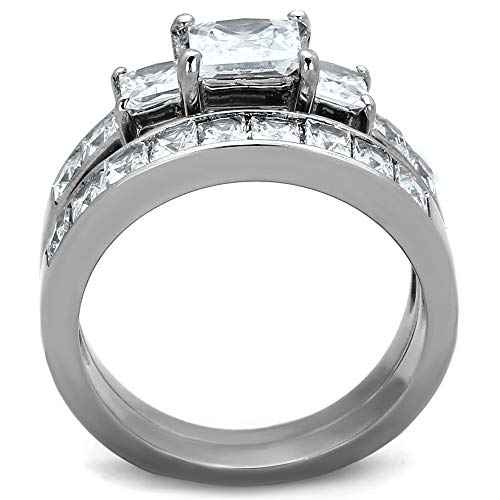 Lanyjewelry Three Stone 6mm Princess CZ Stainless Steel Wedding Ring Set- Size 7