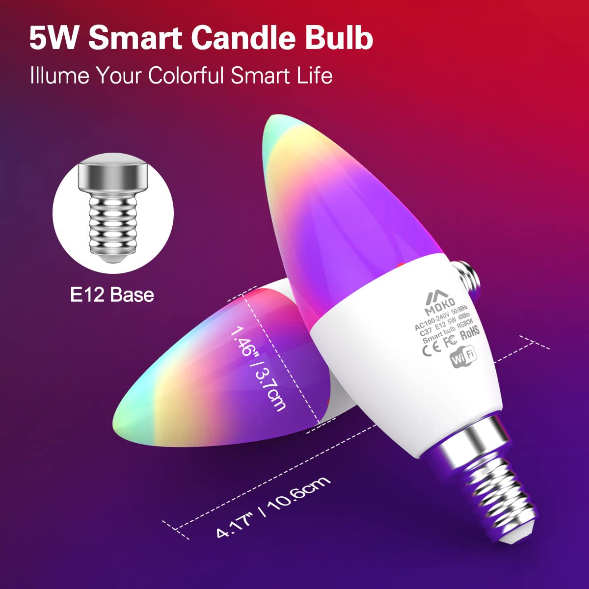 MoKo Smart Light Bulb, Color Changing Light Bulb Compatible with Alexa and Google Home Assistant, Dimmable LED Bulb C37 E12 Multicolor, No Hub, Only 2.4GHz, 1 Pack