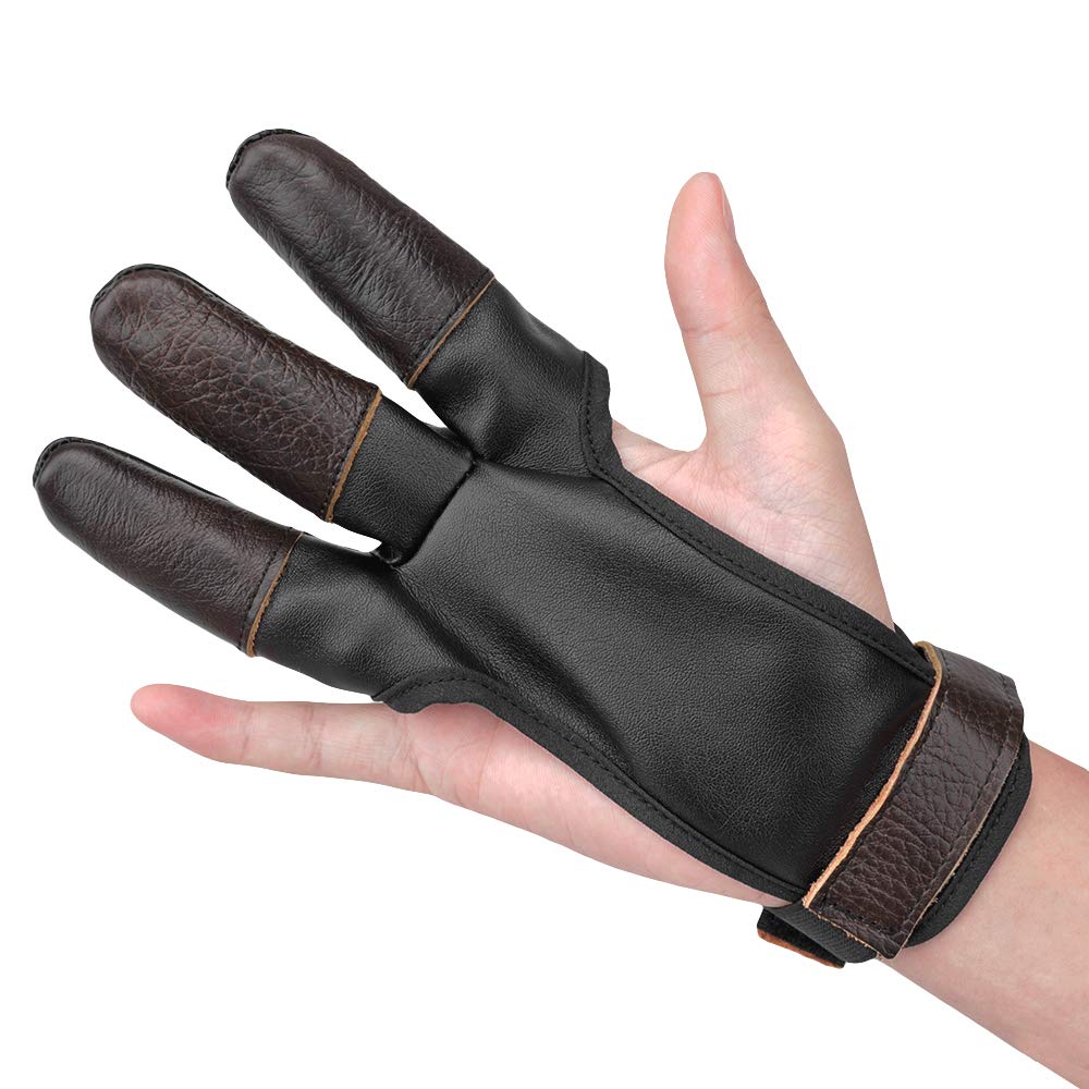 KRATARC Archery Glove Finger Protector Three Fingers Tab Leather Guard Lightweight Compact for Hunting Shooting Bow (Black, L)