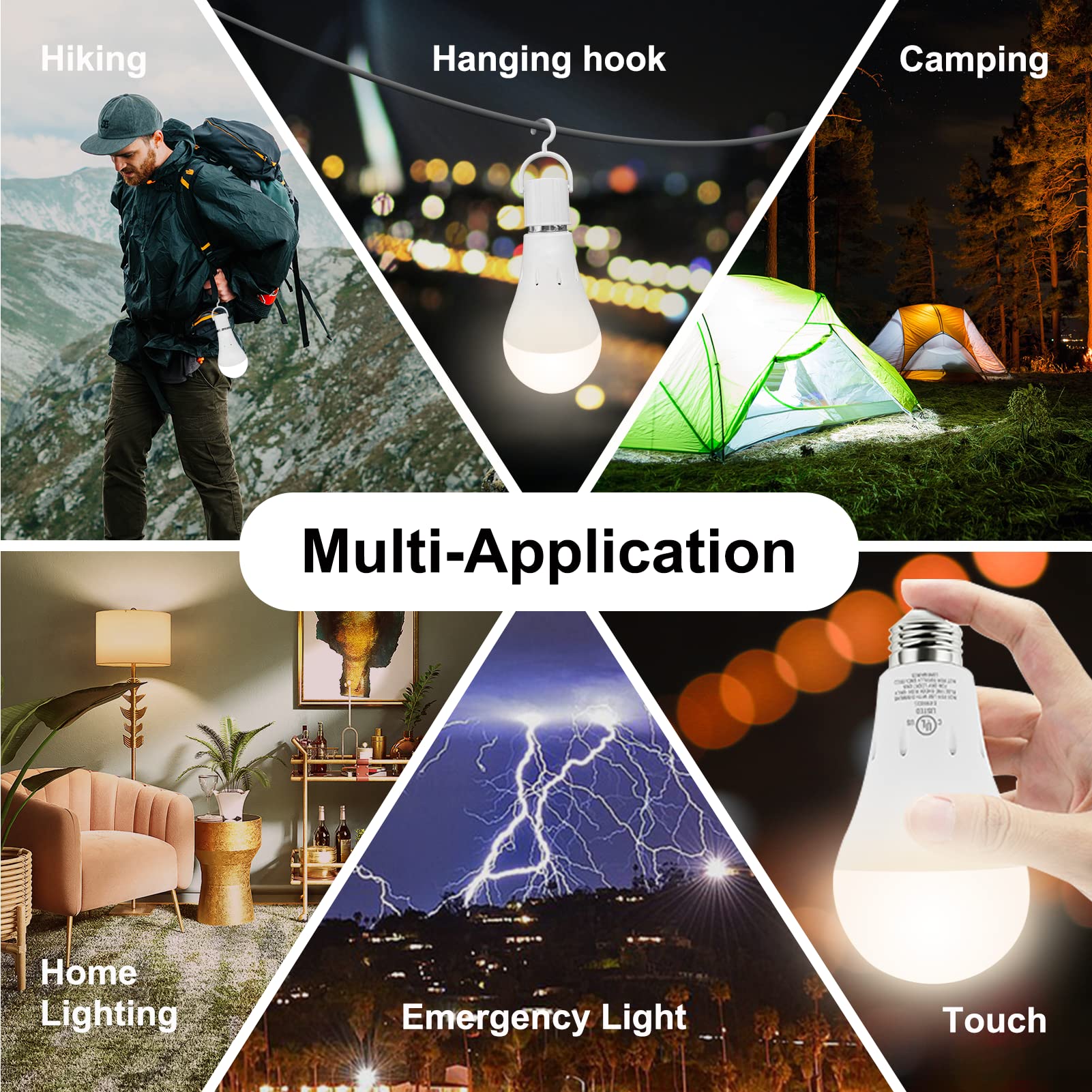 Rechargeable Light Bulb, GshionLyfe Emergency Light Bulbs for Power Outages Hurricane, 2 Dimmable 50% 100% Battery Backup Light Bulb Light up on Multi Bulbs Together 9W 850LM Soft White 3000K 120V E26