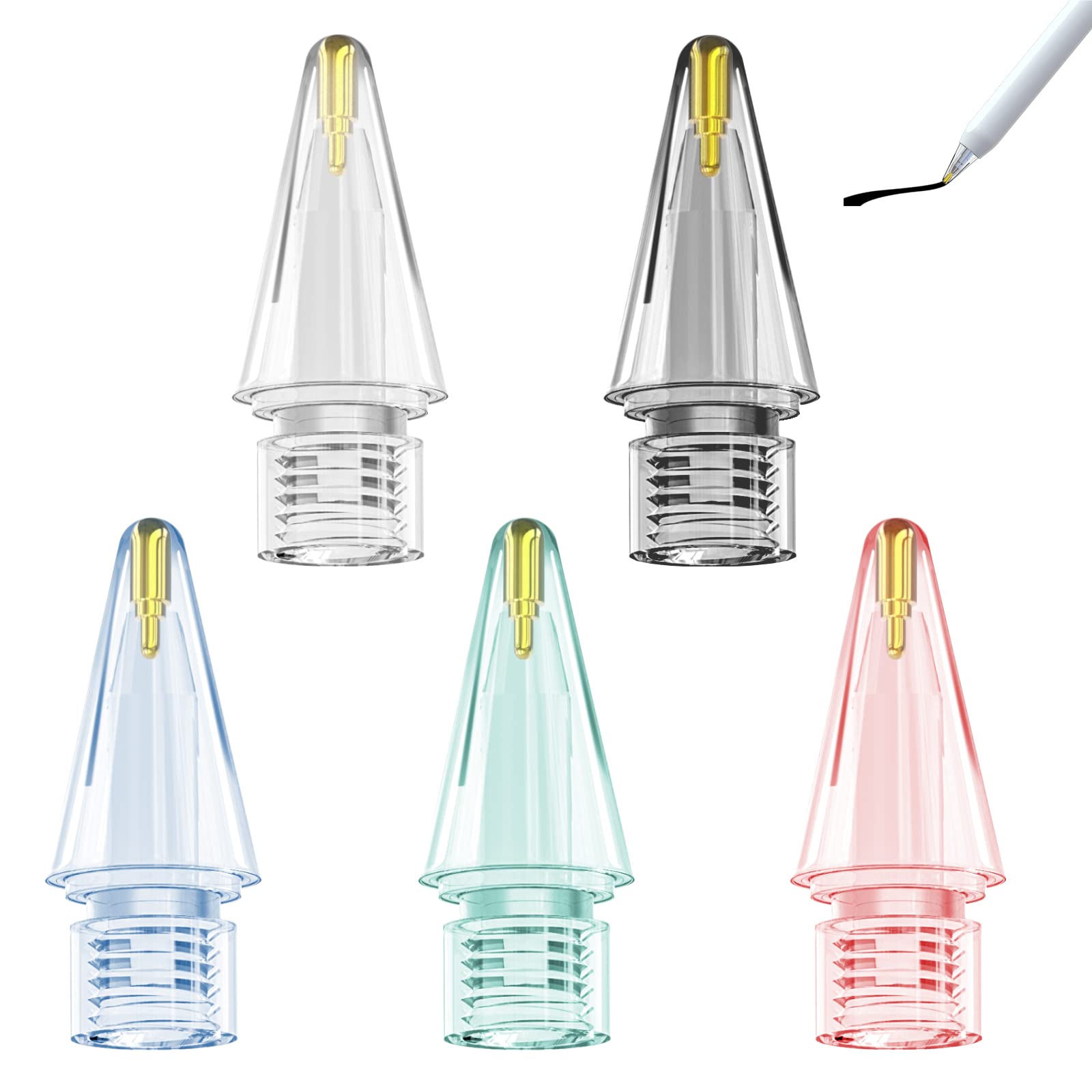 Upgraded 5 Pack Clear Pencil Tips for Apple Pencil 2nd and 1st Generation,0.75mm Metal Wear-Resistant Out Noiseless Fine Point Precise Control Pen Like Nibs for iPad Pro/Air/Mini
