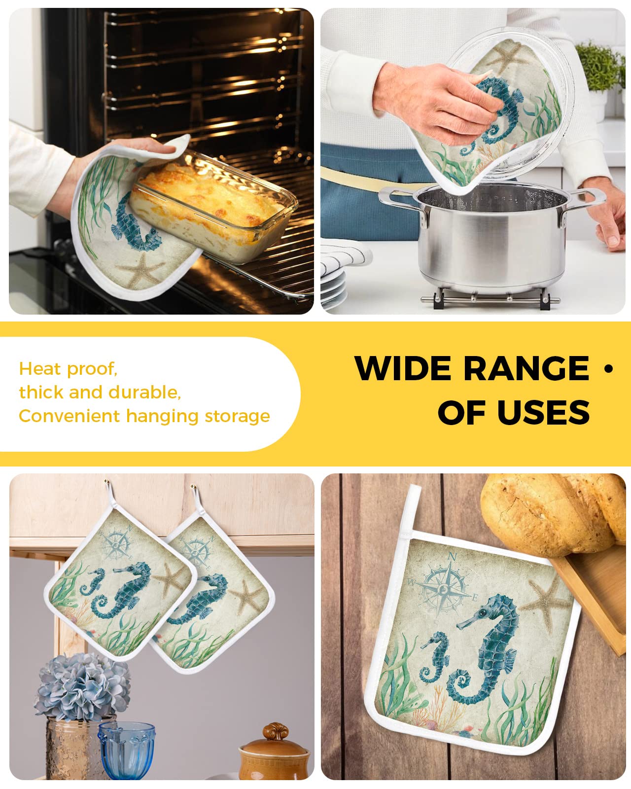 Pot Holder Set of 4 Ocean Seahorse Seaweed Potholder Heat Proof Non-Slip Pot Holders,Retro Nautical Compass Hot Pads Potholders for Kitchen Cooking Baking BBQ