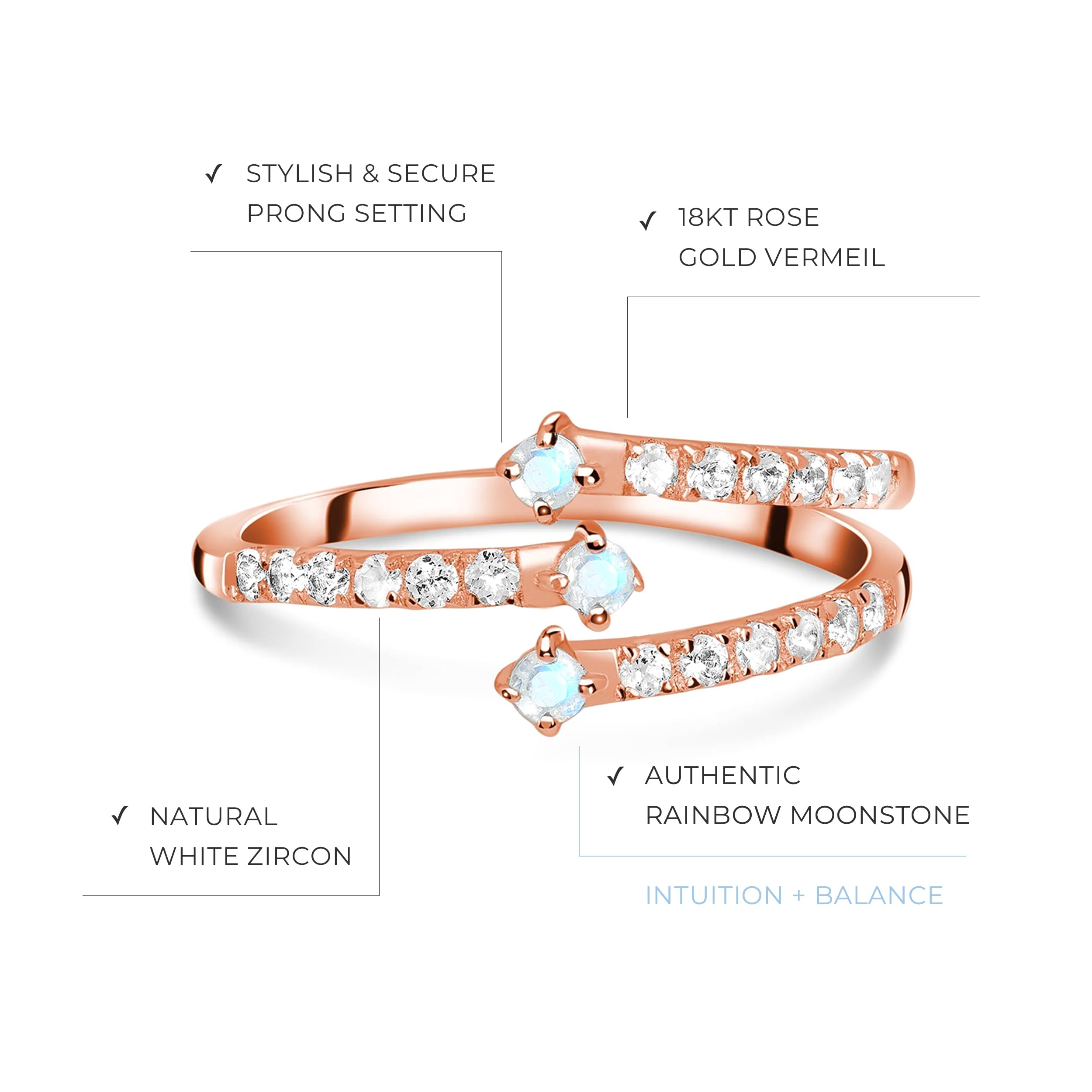 Moon Magic - Adjustable Authentic Moonstone Ring - Twine/Real 925 Sterling Silver - 18k Rose Gold Rainbow Moonstone Rings for Women/Genuine Moonstone Jewelry