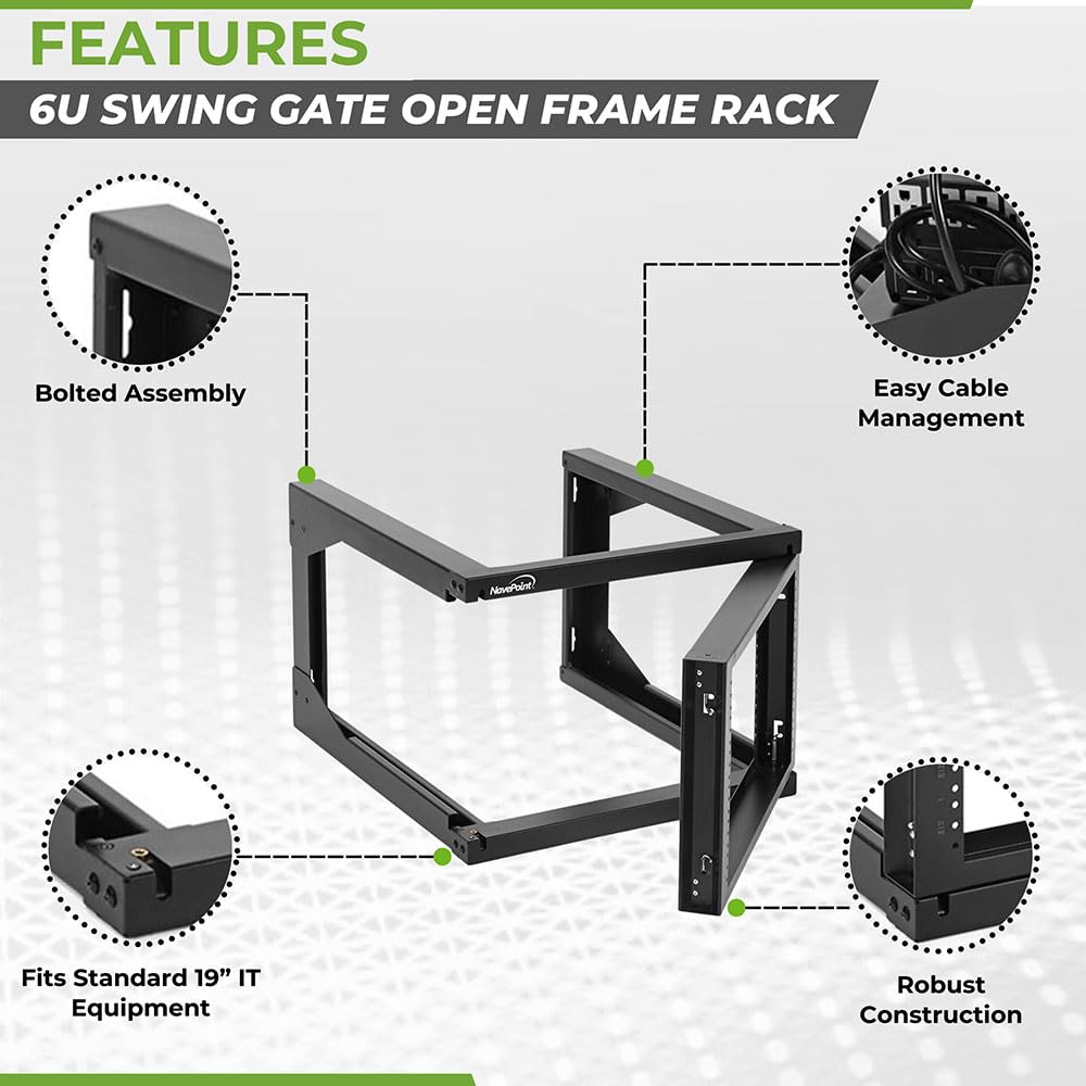 NavePoint 6U Server Rack with Swing Gate - 6U Wall Mount Rack for 19 Inch IT Equipment Open Frame Rack β Network Rack Wall Mount for AV & Server Equipment 24β Deep 6U Rack, Black