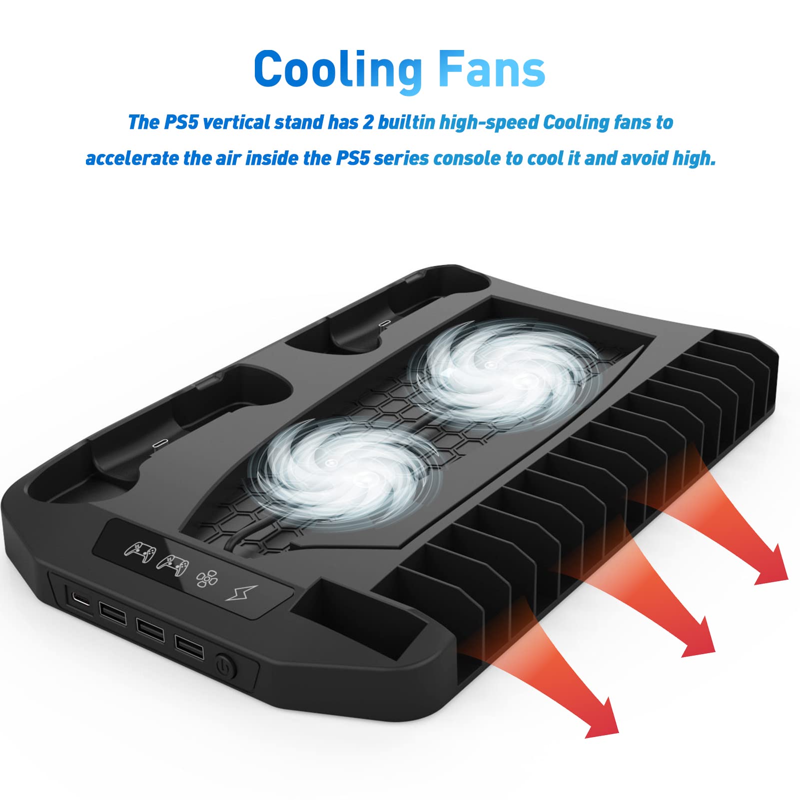 PS5 Vertical Stand Cooling Fan Charging Station with 3 USB HUB for Playstation 5 Controller Indicator Lamps Console Station and Dual PS5 Joystick Charging Dock Accessories 16 Game Storage
