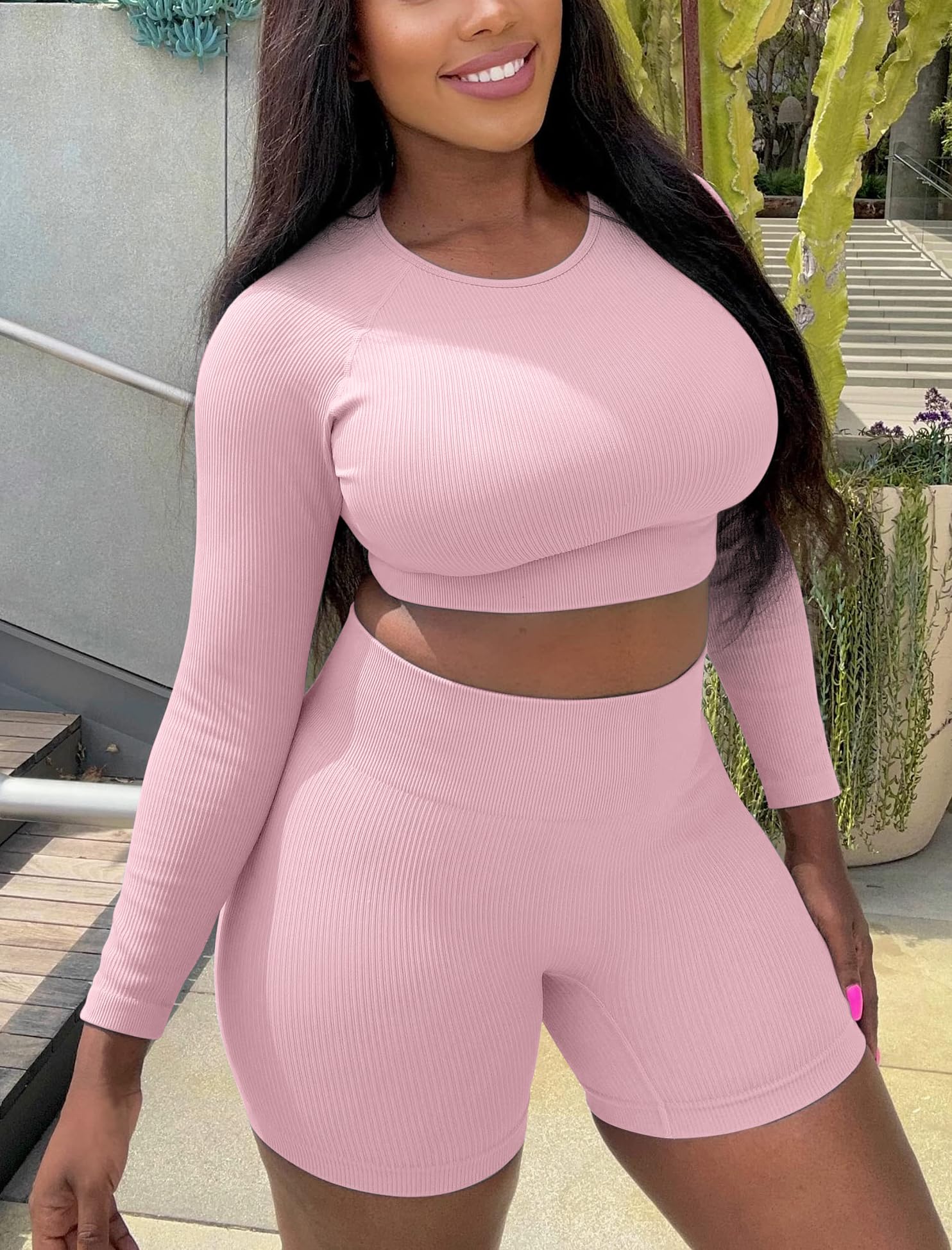 LAOARA Women Gym Sets 2 Piece Outfits Workout Sets Knitted High Waisted Shorts Tracksuits Exercise Set Pink L