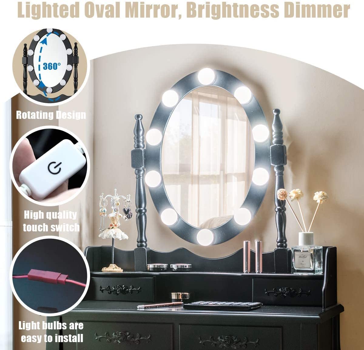 LDAILY Vanity Table Set w/Lighted Mirror, Makeup Vanity Table with 10 LED Lights, 4 Drawers & Oval Mirror, Bedroom Dressing White Black Dark Brown BC-HW66050US Vanity Table Set with Lighted Mirror