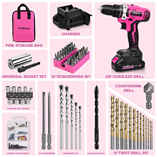 Pink Cordless Drill Set, 20V Lithium-ion Power Drill Set for Women with 67Pcs Drill Driver Bits, 3/8"Keyless Chuck, 25+1 Position Electric Drill, 2.0Ah Battery, Fast Charger and Storage Bag Included