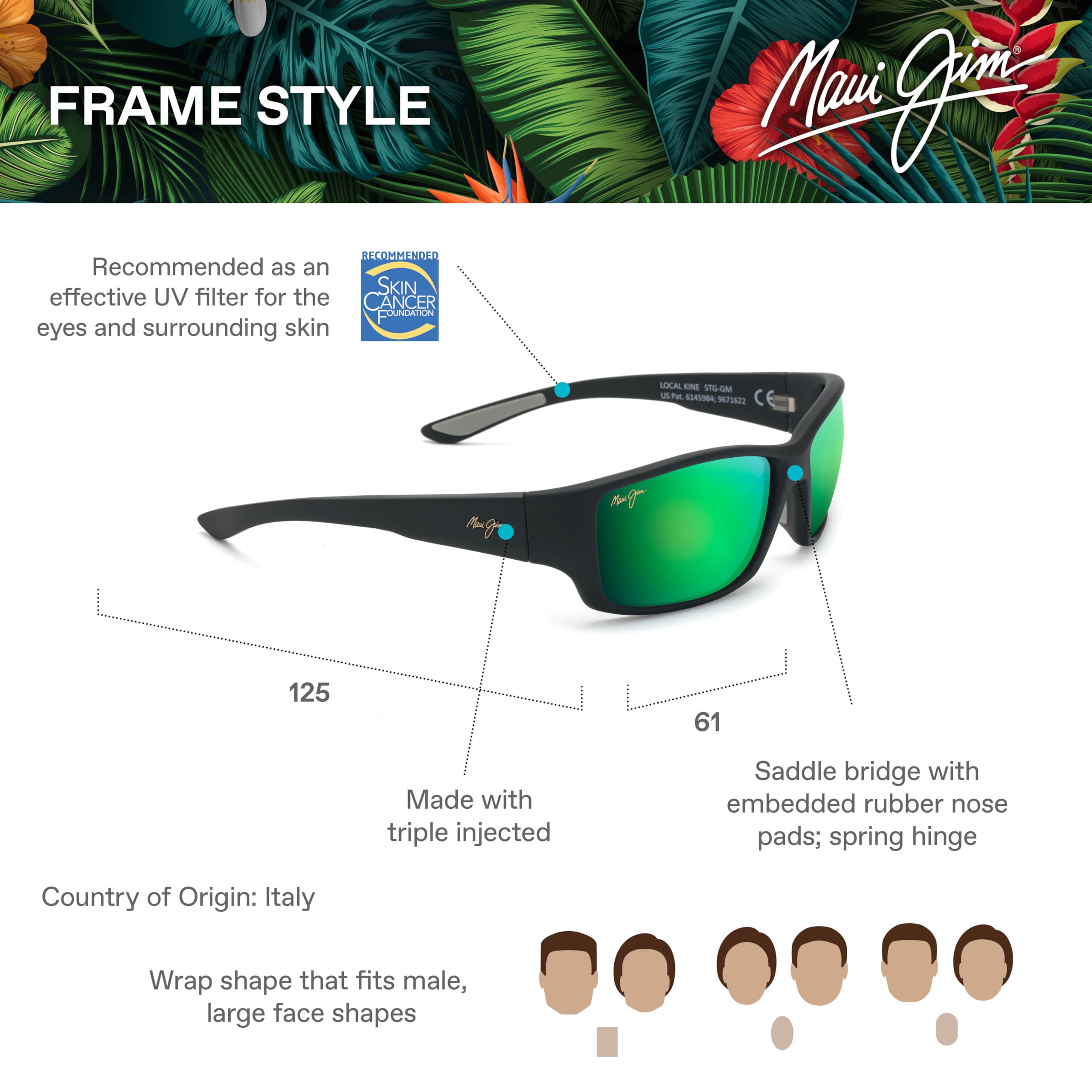 Maui Jim Men's Local Kine Polarized Wrap Sunglasses, Black/Tran Green/Lt Trans Grey/MAUIGreen®, Large