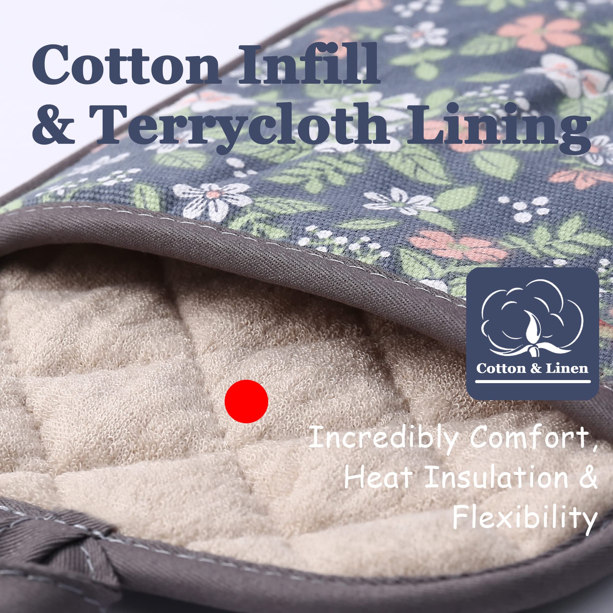Pot Holders for Kitchen Heat Resistant Cotton Linen with Silicone Non-Slip Texture Thick Terry Lining Set of 2 Pastoral Style