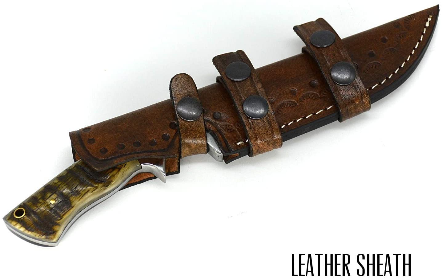 PSK83 - Handmade Damascus Hunting Knife Ram Horn Handle Full Tang Fire & Raindrop Patter - (PSK-83)
