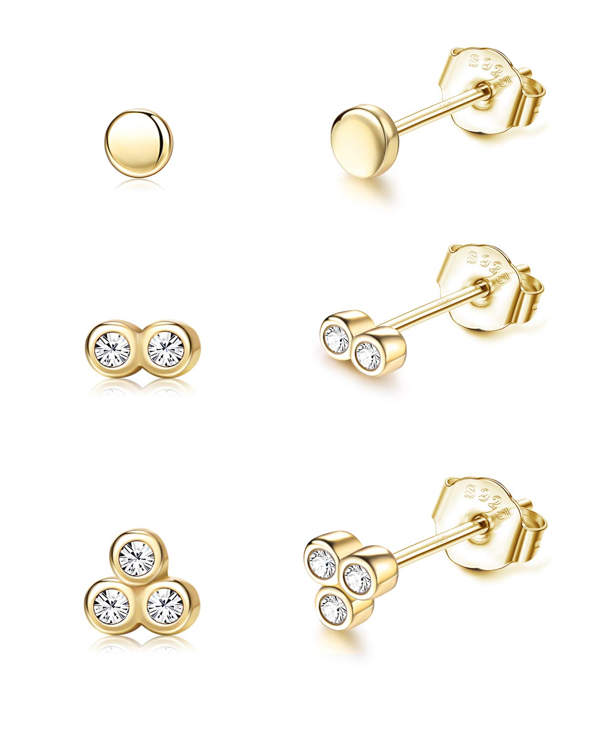 Milacolato 3Pairs Sterling Silver Tiny Stud Earrings 14K Gold Plated Tiny Dot/Trio Cubic Zirconia Stud Earrings Set for Women Men Minimalist Cartilage Piercing Stud Earrings, Gold