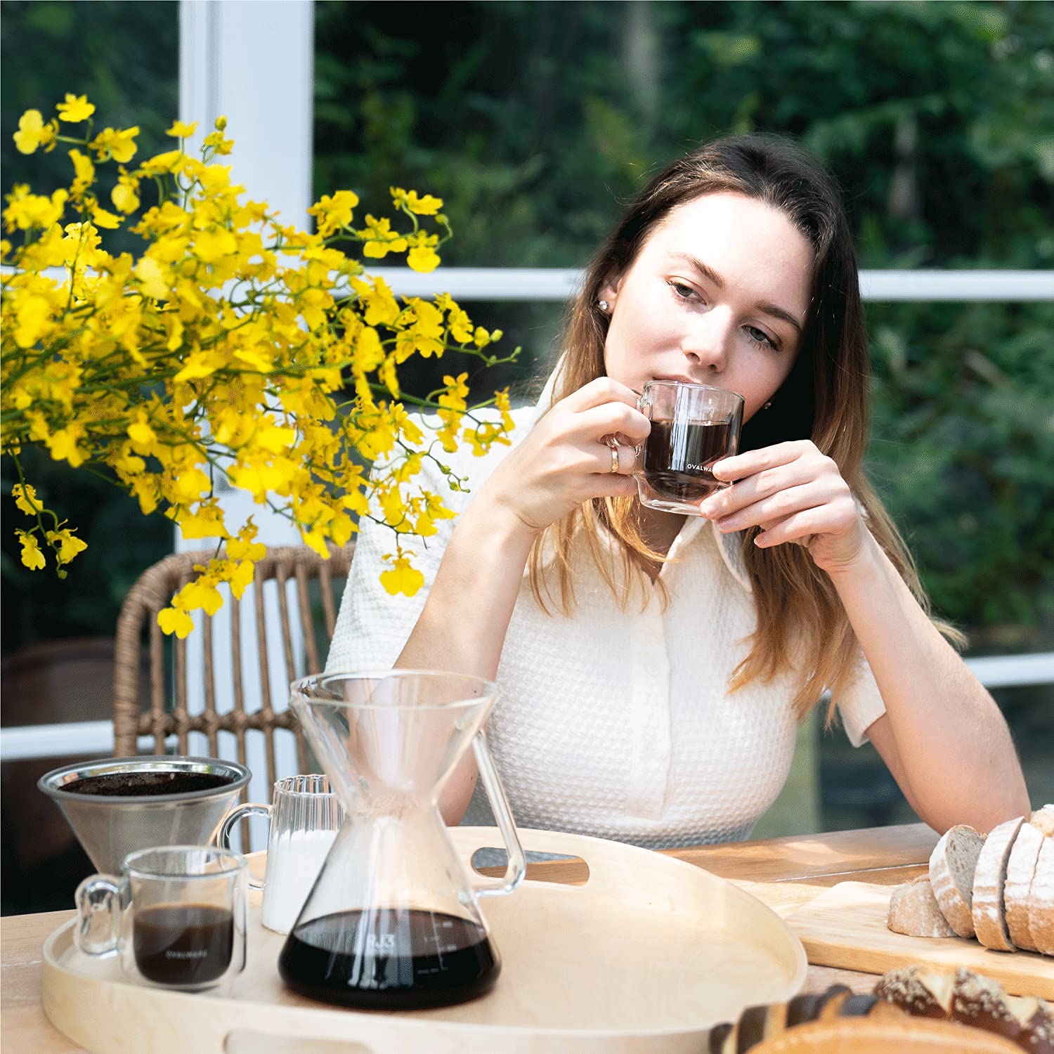ovalware RJ3 Espresso Coffee Glass Cups 4oz/120ml (Set of 2) Double Walled Glass Cup w/Solid Butterfly Handle- Elegant Borosilicate Espresso Shot Mug - Stackable Insulated Transparent Demitasse Glass