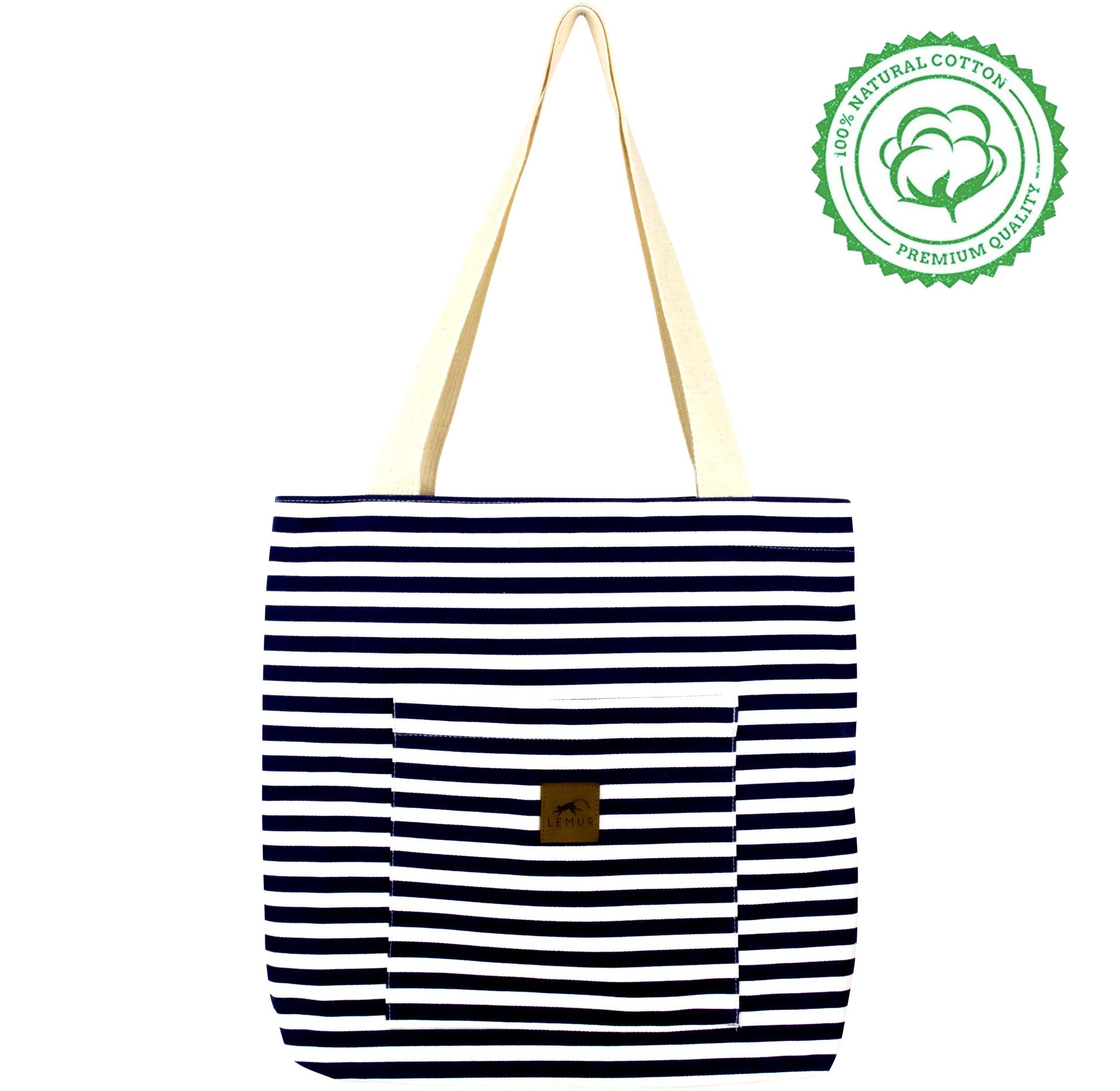 Lemur Bags Canvas Shoulder Tote Bag - Large Eco-Friendly Zippered Tote with Front Pocket (Elephants)