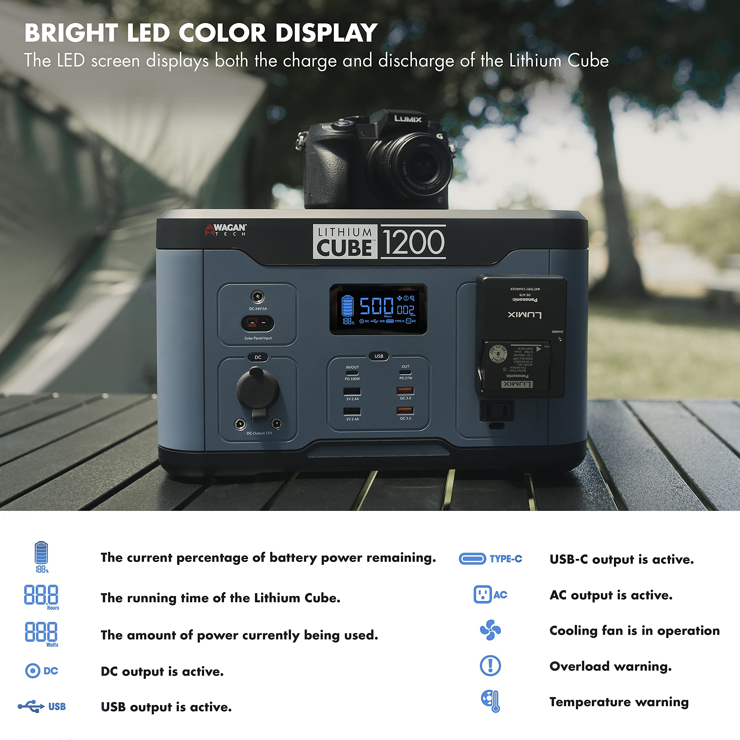 Wagan EL8836 Lithium Cube 1200 Portable Power Station 1166Wh Lithium Battery, 120V 1000W Pure Sine Wave, AC DC Outlet, USB Outlet, Solar Power Generator