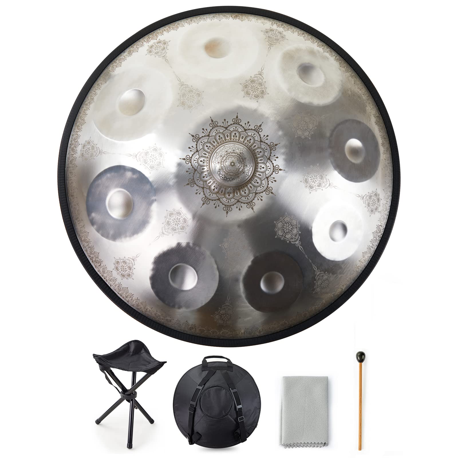 REEKIO HANDPAN, Handpan Drum Instrument in D Minor 9 Notes 22 Inches Steel Hand Drum with Carry Bag, Mallets, Bracket, Note stickers, Wipe Cloth(New Silver)