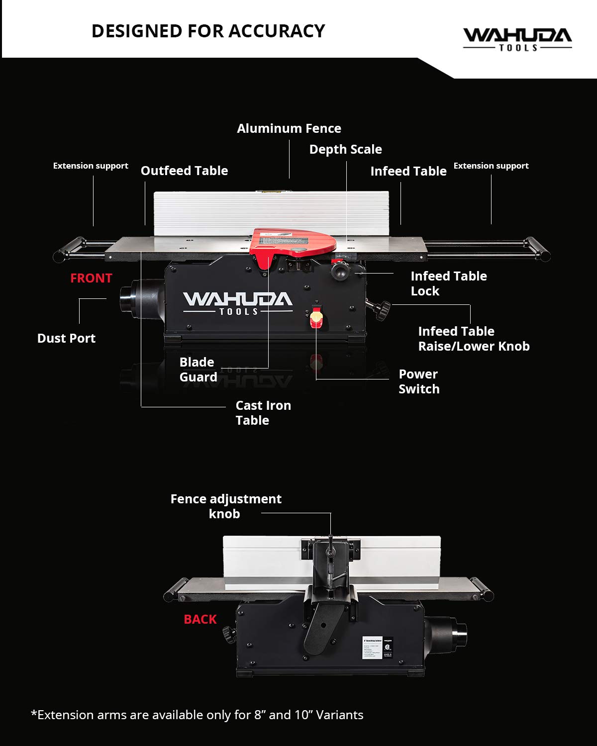Wahuda Tools Jointer - 10-inch Benchtop Wood Jointer, Spiral Cutterhead Portable Jointer, Cast Iron Tables w/Pull Out Extensions, 4-Sided Carbide Tips & 12amp Motor, Woodworking Tools (50110CC-WHD)