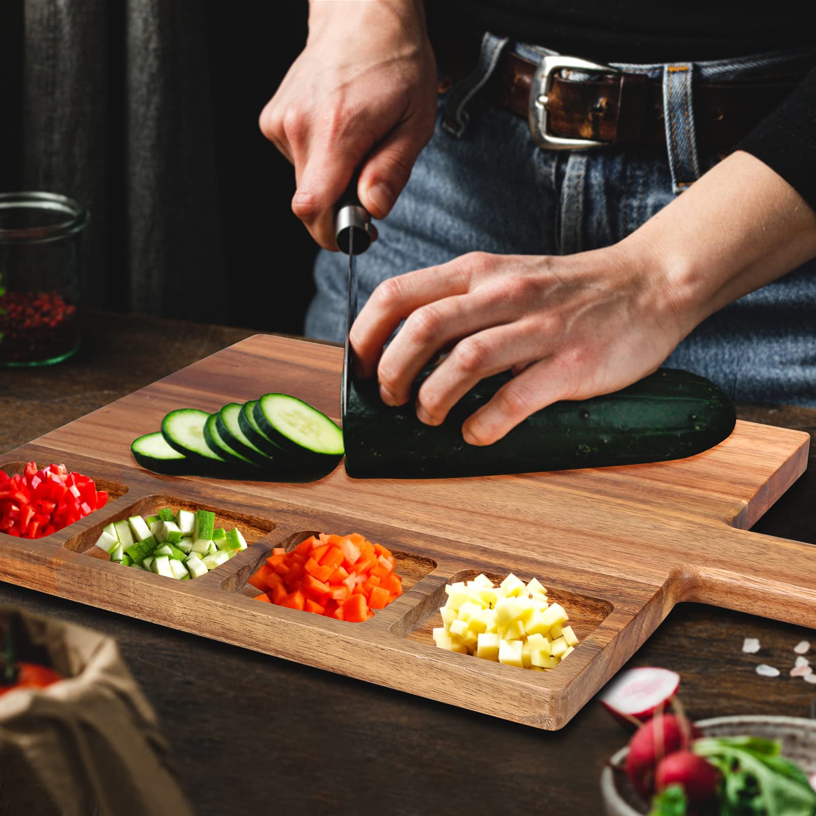 Large 17"x 12" Acacia Wooden Cutting Board With Handle Fruit Charcuterie Platter Boards Wood Serving Cheese Board Best Cutting Boards for Kitchen Meat Chopping Board Butcher Blocks Carving Board