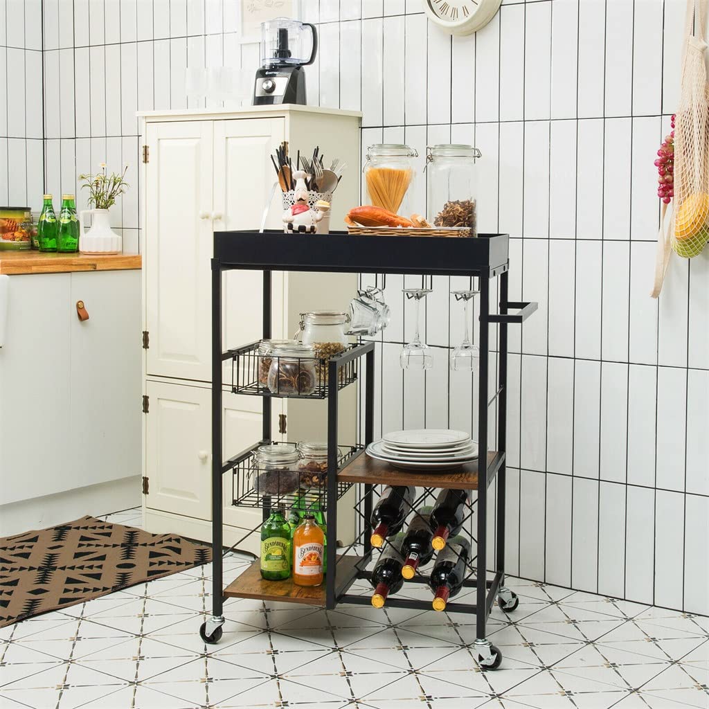 ZHUHW 4-Tier Kitchen Bar Cart Rolling Serving Trolley Wine Rack Removable Tray Basket