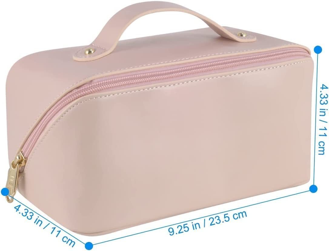 SOUKAHU Large Capacity Travel Cosmetic Bags for Women, PU Leather Makeup Bag,Waterproof Portable Pouch Open Flat Lay Cosmetic Bag Makeup Organizer Bag with Divider and Handle-Khaki