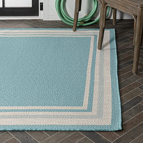JONATHAN Y SMB201B-3 James Modern Border Stripe Indoor Outdoor Farmhouse Transitional Area Rug,High Traffic,Kitchen,Living Room,Backyard,Non Shedding,3 X 5,Aqua/Beige