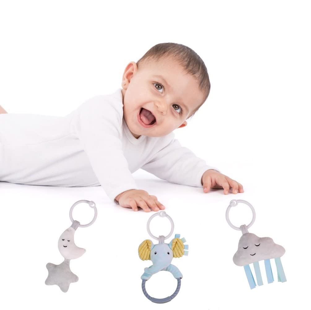Reesy Bear Spiral Activity Toy for Car Seat, Stroller, Crib, or Play Gym; Features Hanging Plush Toys for Babies with Silicone Teether, Rattles, Crinkle Sounds, Squeaker, & Textured Ribbons - Sky Blue