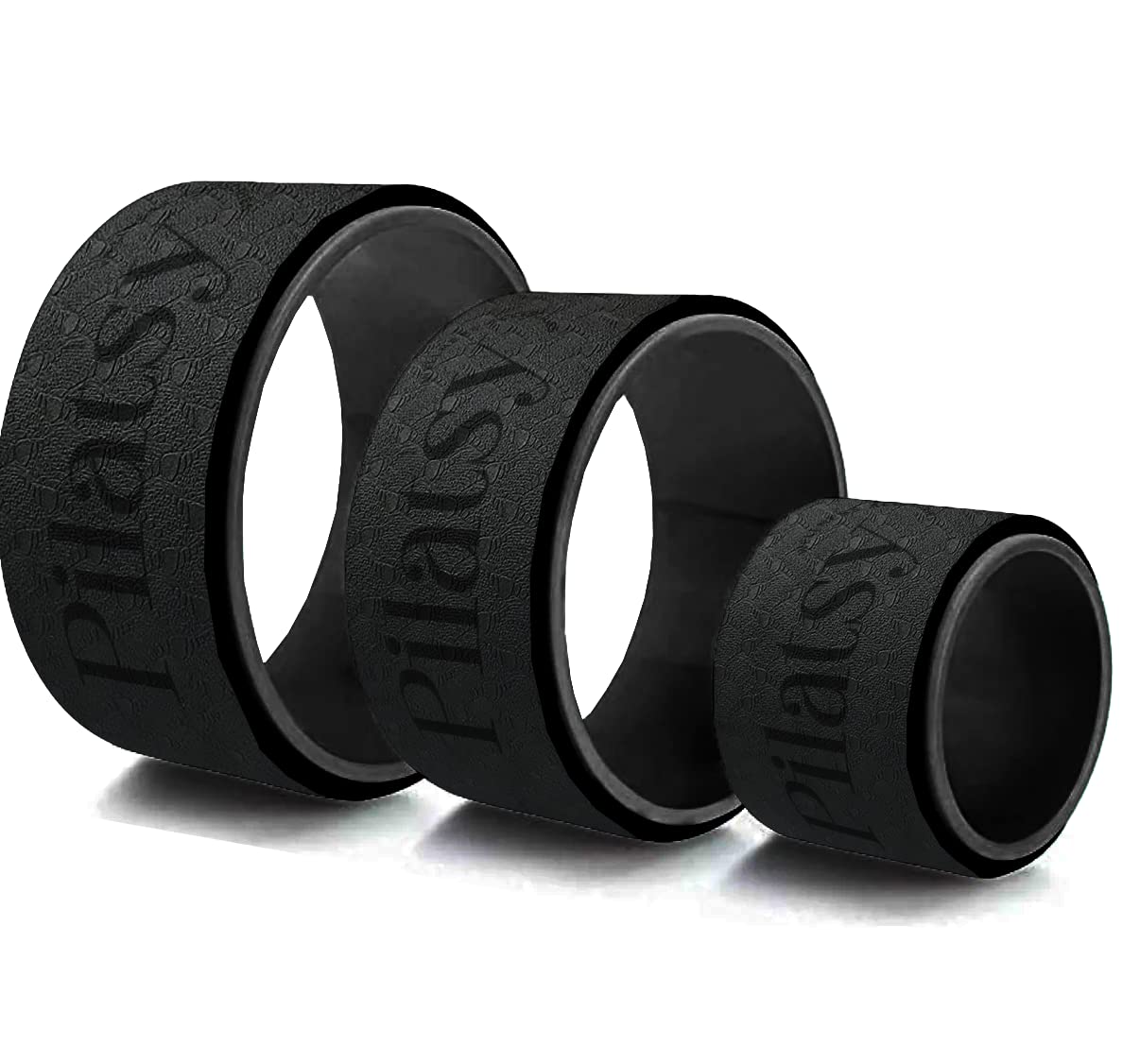 PILATSY Yoga Wheel Set – Pack of 3 Foam Rollers for Back Pain Massage, Stretch, Release, and Relief with Thick Padded Cushion for Better Pose & Backbend (Set of 3, Black)