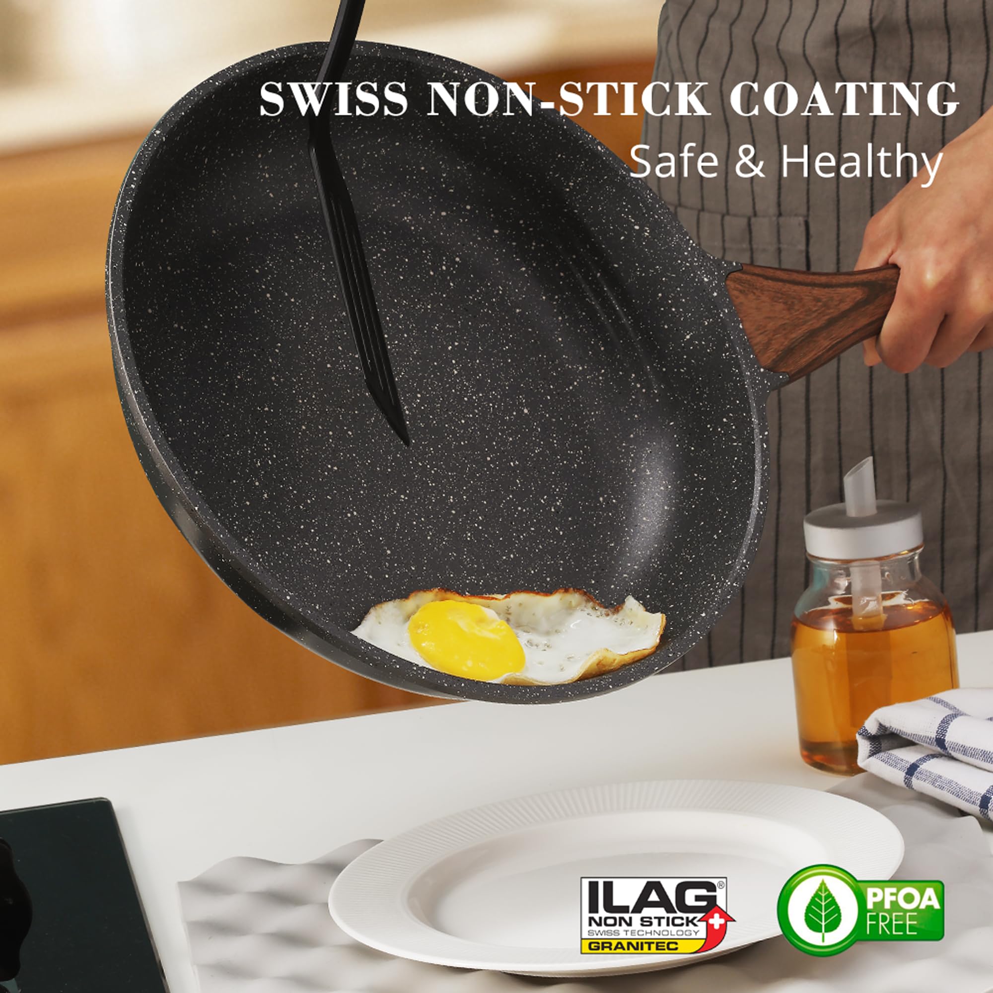 Sensarte Nonstick Frying Pan Skillet, Swiss Granite Coating Omelette Pan, Healthy Stone Cookware Chef's Pan, PFOA Free (8+12.5 Inch)