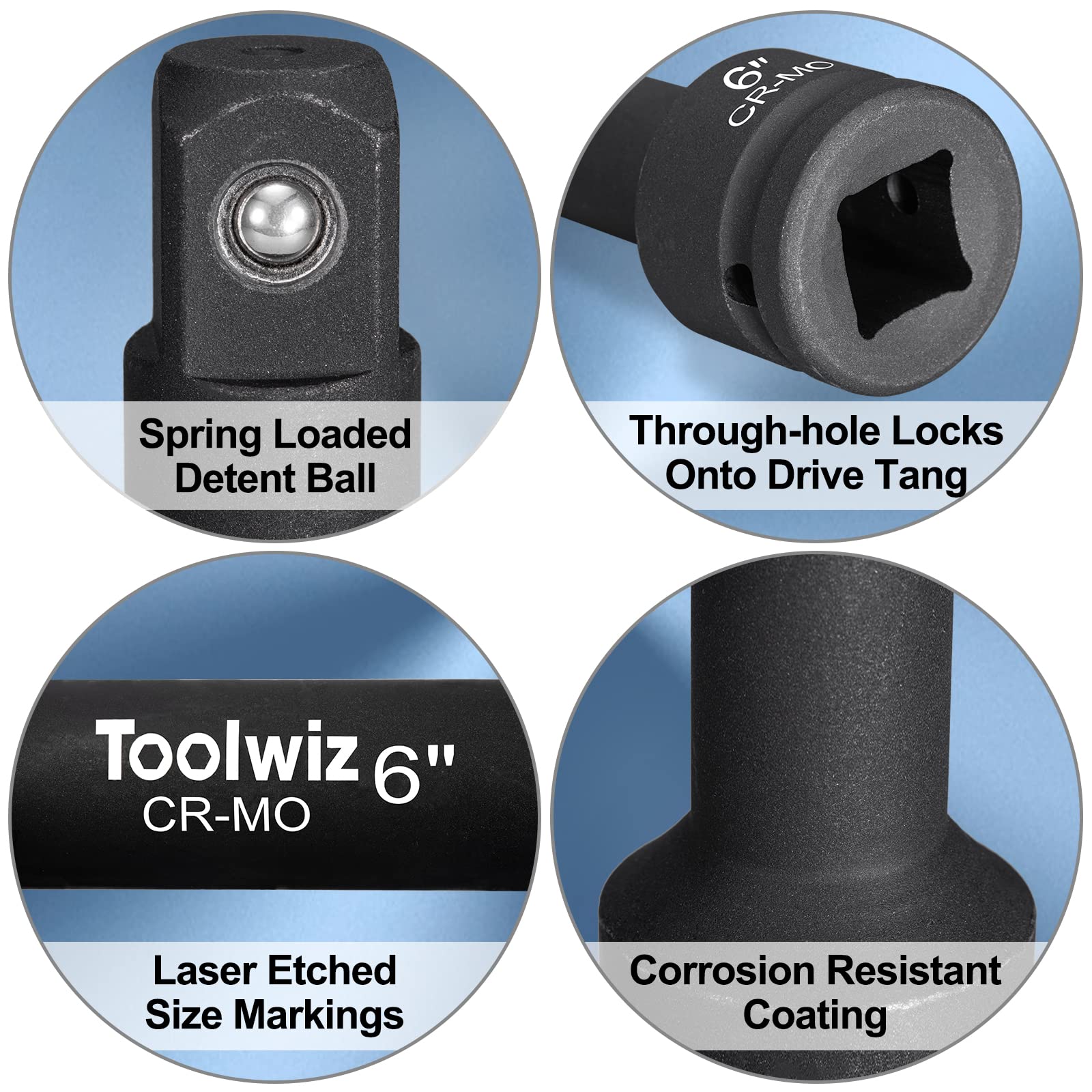 Toolwiz 3/4” Drive Impact Extension Bar 4”, 6”, 10” (3 Piece) Cr-Mo Steel, Expand the Range of Impact Drivers, Organized in PVC Box - Black 3/4 Drive Impact Socket Set 3/4 drive socket set