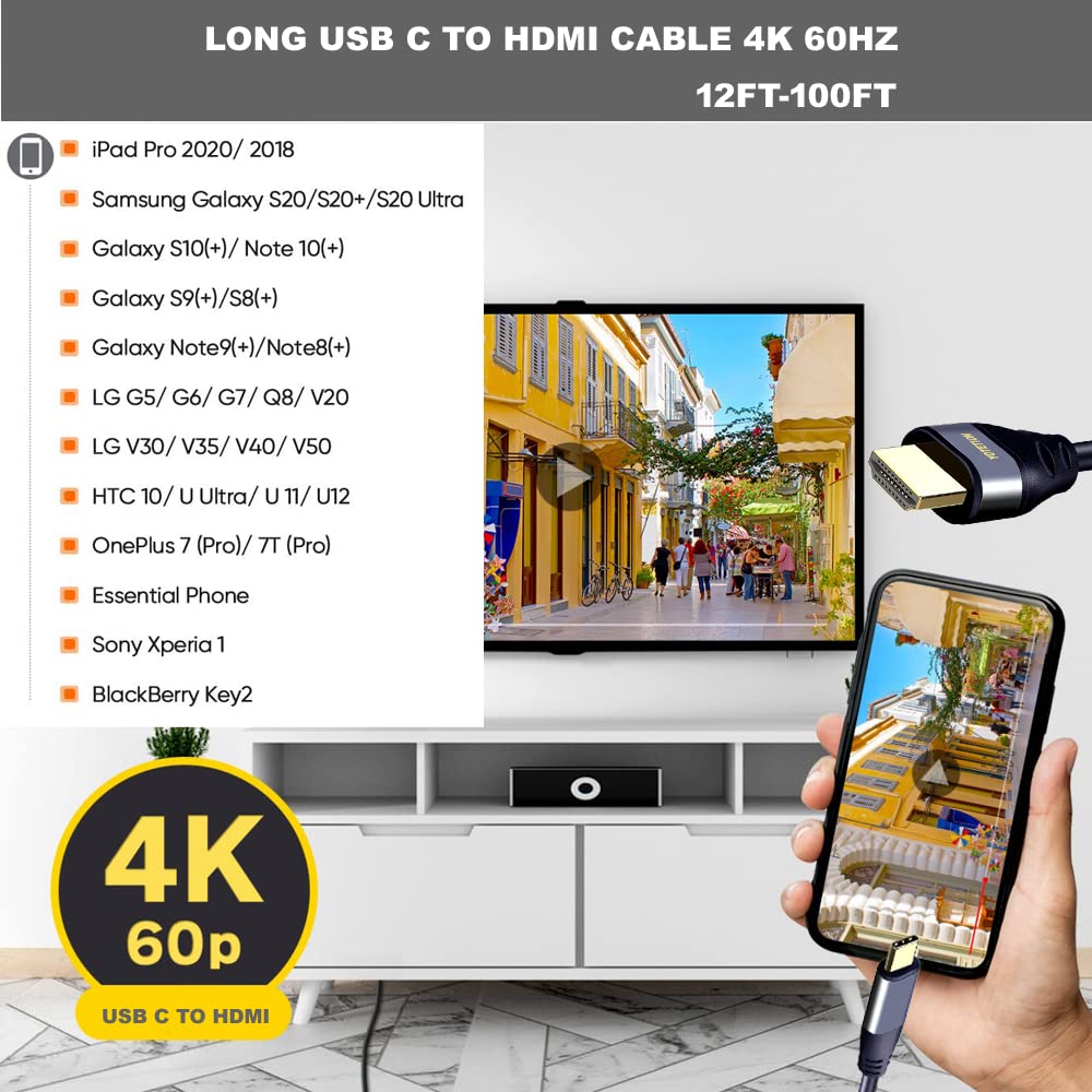 USB C to HDMI Cable 25FT with IC, 4K@60HZ Type-C to HDMI for MacBook Pro/Air, iMac, Galaxy S20 S10 S9 S8, Surface, Dell, HP, MacBook Pro, MacBook Air, iPad Pro, Pixelbook, XPS, Galaxy, and More