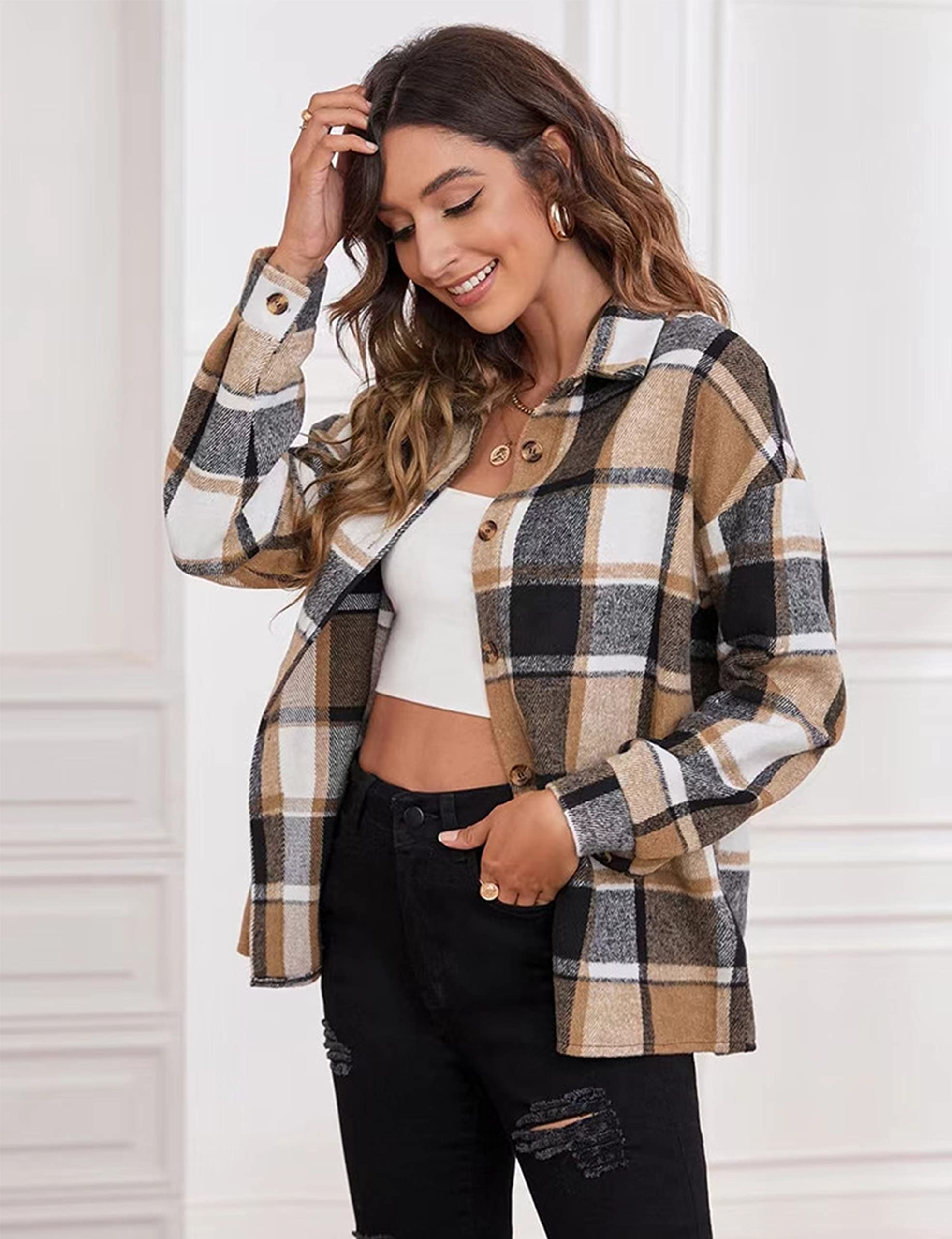 Lentta Women's Flannel Plaid Shacket Jacket Casual Fall Wool Blend Button Up Shirt Coat(Khaki-L)