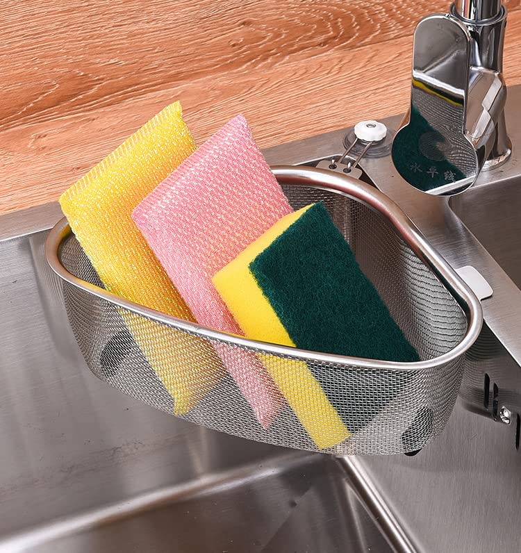 Stainless Steel sink drain basket, Kitchen Food Waste Leftovers Food Catcher Garbage, Corner Kitchen Sink Strainer Basket for Draining Residuum, Drip Drying Sponge (1Pcs)
