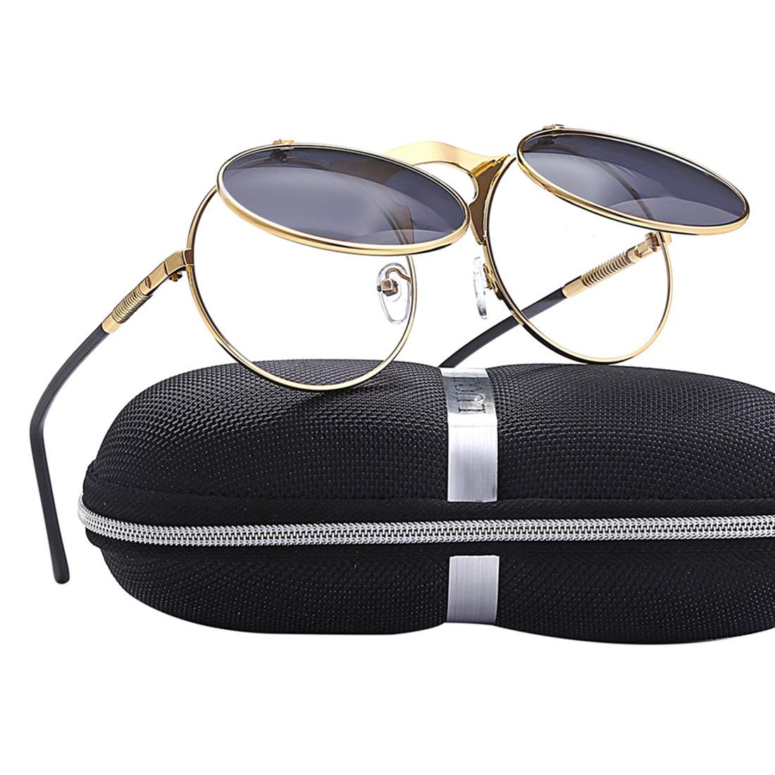 luojery Retro Round 80's Flip Up Steampunk Sunglasses Mirror Vintage Circle Sun Glasses Eyewear for Men Women (Gold Frame Grey Lens, as the picture)