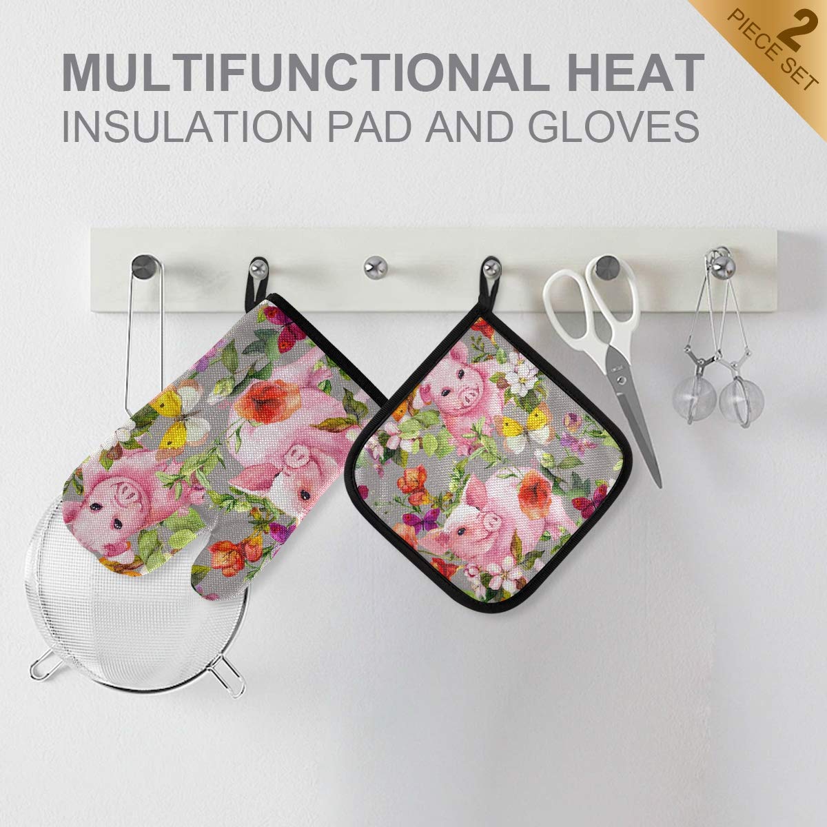 Pot Holders Oven Mitts Sets - Pigs Summer Flowers Butterflies Hot Gloves Hot Pads Non-Slip Potholders for Kitchen Cooking Grilling