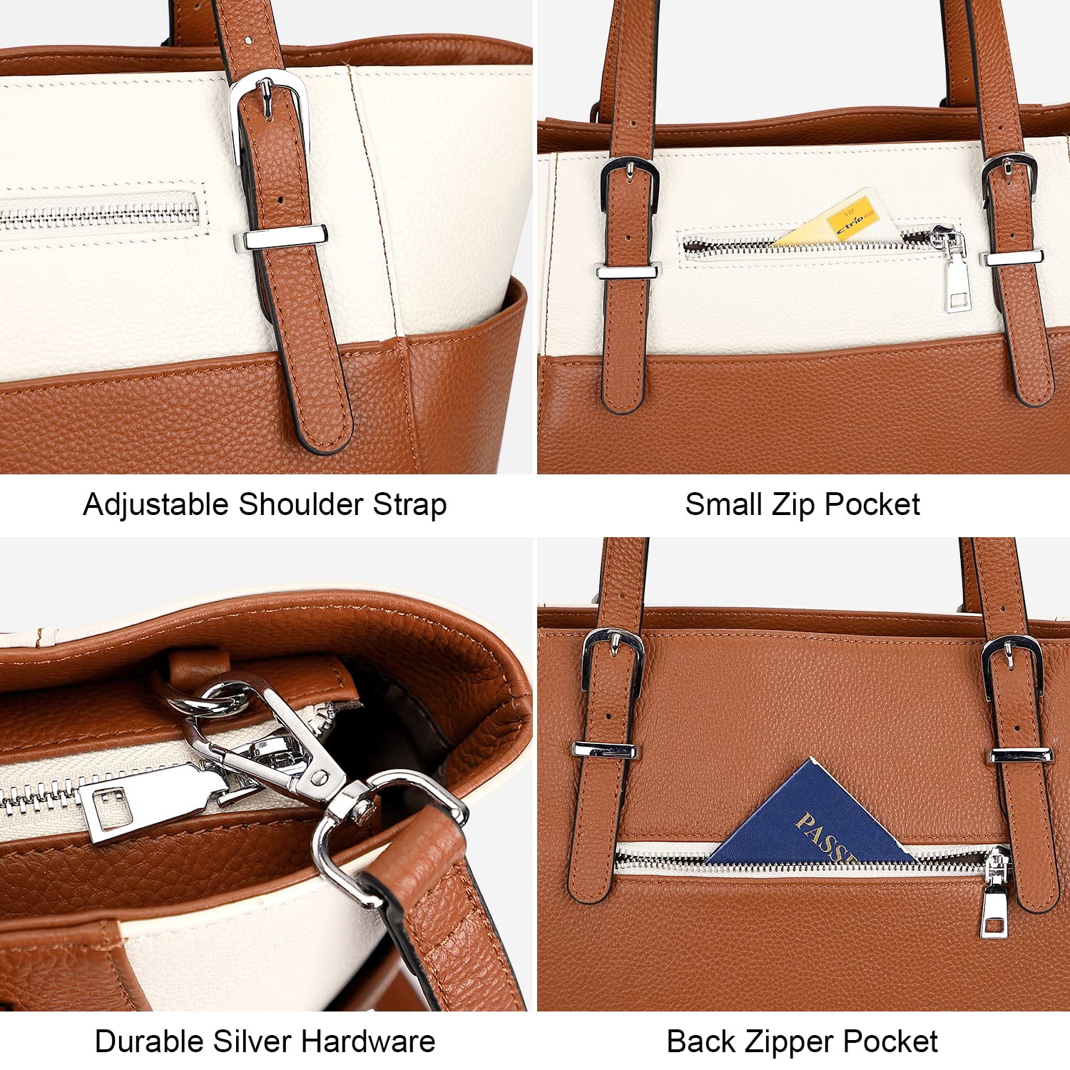 Over Earth Women Leather Handbags Genuine Leather Tote Shoulder Bag Crossbody with Multi Pockets(O105E Brown with White)