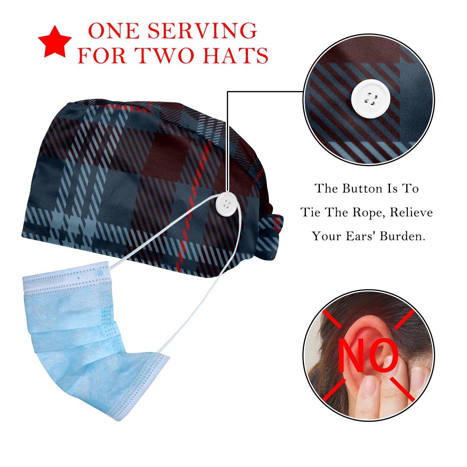 Pshhdgyhs 2 Pcs Adjustable Working Cap with Button, Tartan Plaid Pattern Navy Blue Black Surgical Cap Sweatband, Tie Back Hats for Women & Men Multicolor Hat diameter is 18cm/7in