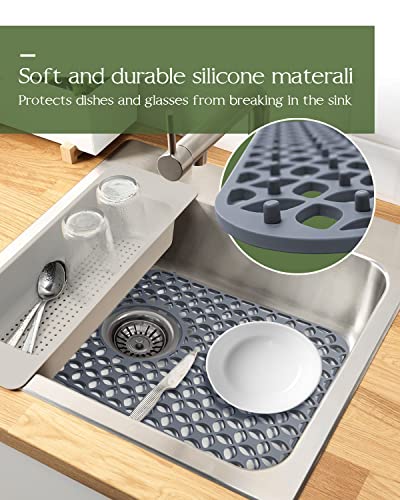 Silicone Sink Mat - Sink Protectors for Kitchen Sink Kitchen Sink Protector Grid Accessory Folding Non-slip Sink Mats Sink Rack for Bottom of Sink(1Pack - Rear Drain Mat - Grey,13.58 ''x 11.6 '')
