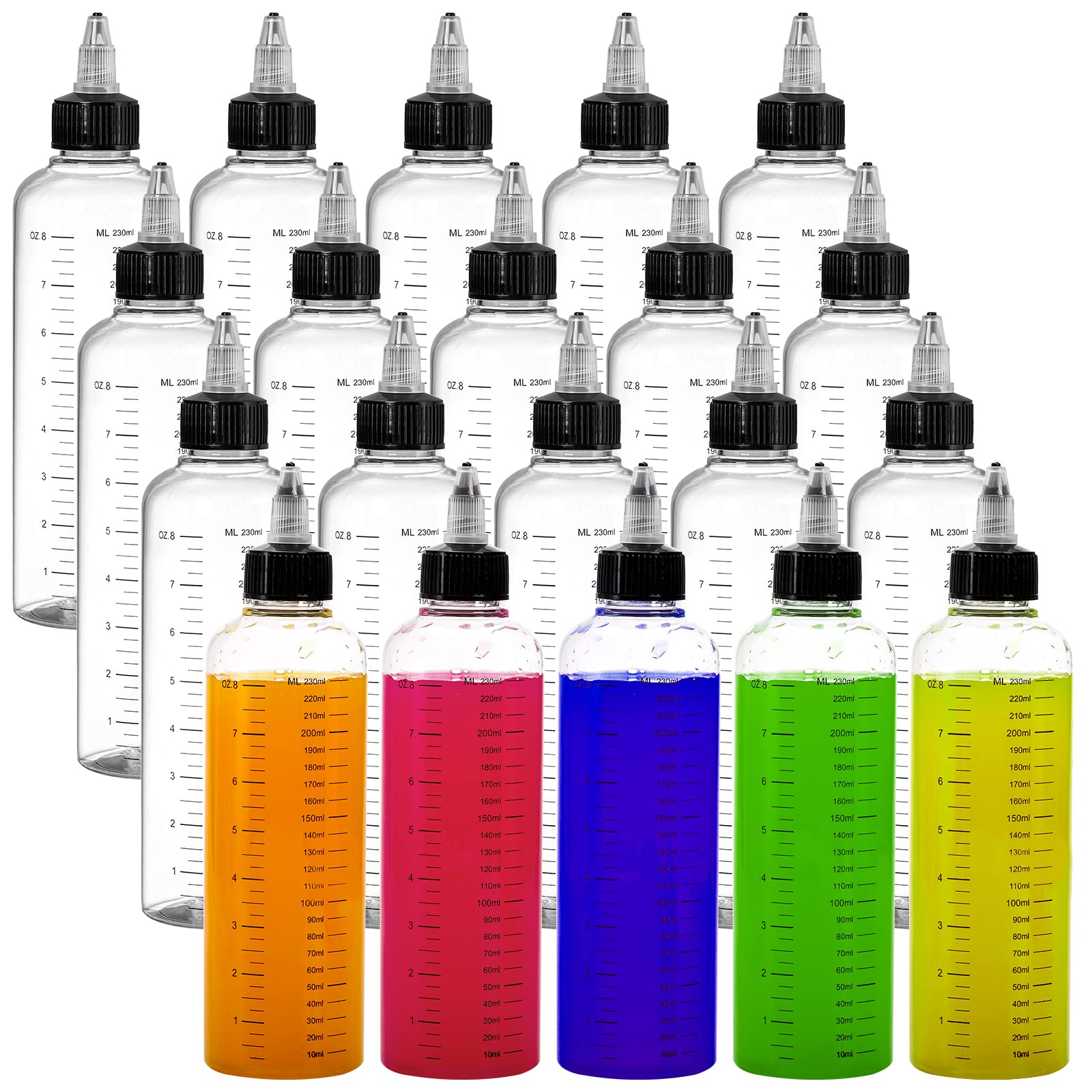 WUWEOT 20 Pack 8.5 oz Graduated Boston Dispensing Bottles, 250ml LDPE Plastic Squeeze Bottles, Empty Dropper Water Liquid Bottles with Twist Caps for Paint, Glue, Crafts, Ink, Liquids, Oil