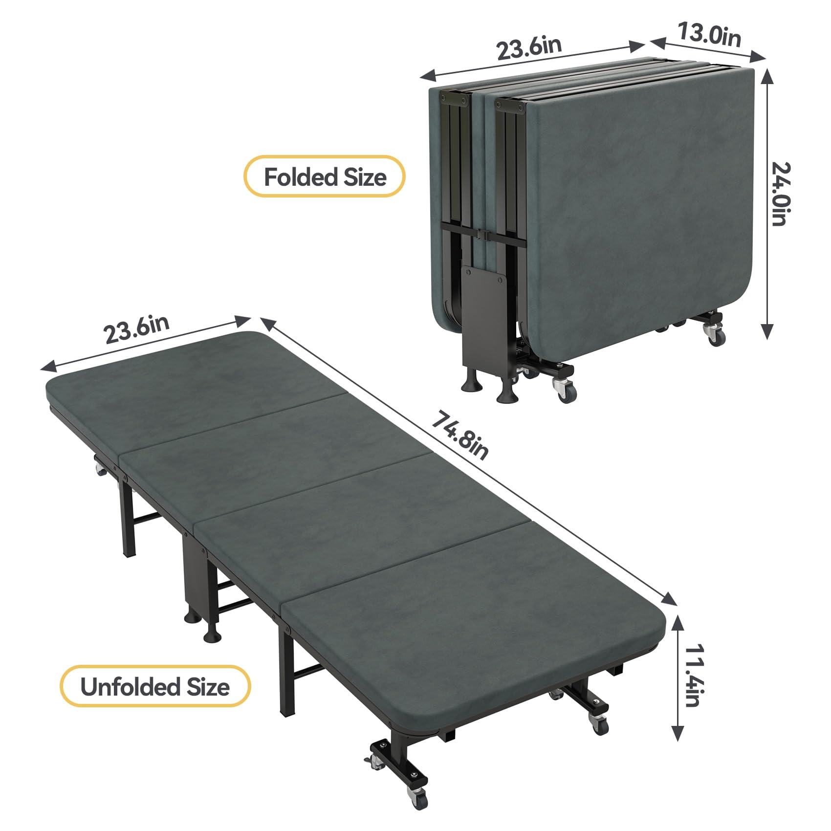LEAIJIAFY Portable Folding Bed with Foam Mattress and Adjustable Backrest,Nap Cot Daybed for Adults,Sleep Cot Rollaway Bed for Siesta,Metal Bed Frame with 8 Wheels,23.62" Width,Office