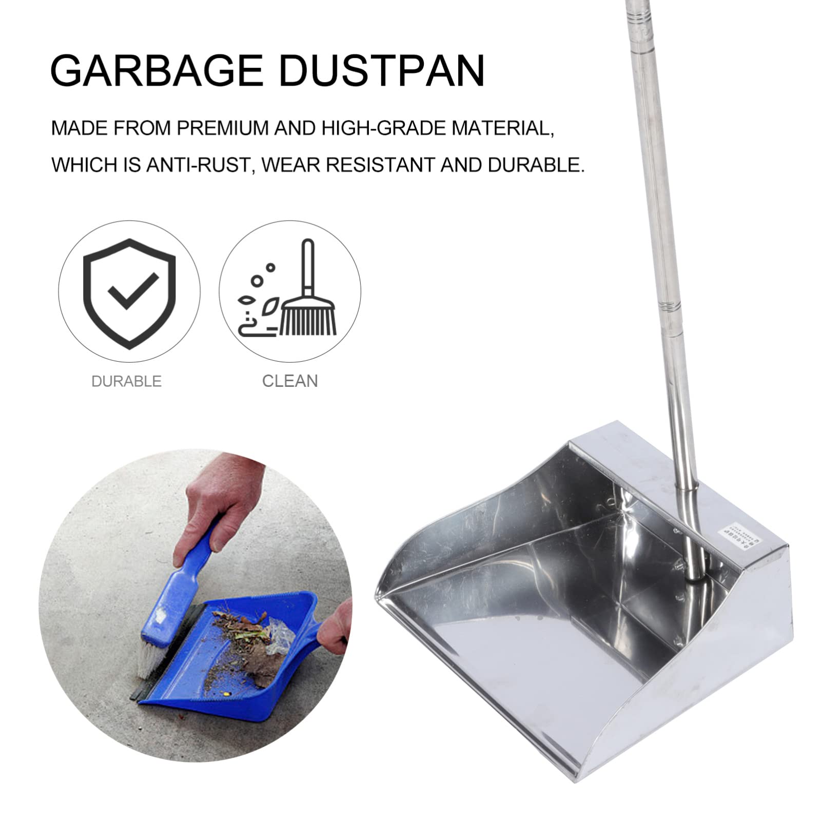TOPBATHY Stainless Steel Dustpan with Long Handle Metal Upright Dustpan Heavy Duty for Lobby Garage Home and Yard Home Shop Commercial and Industrial Use